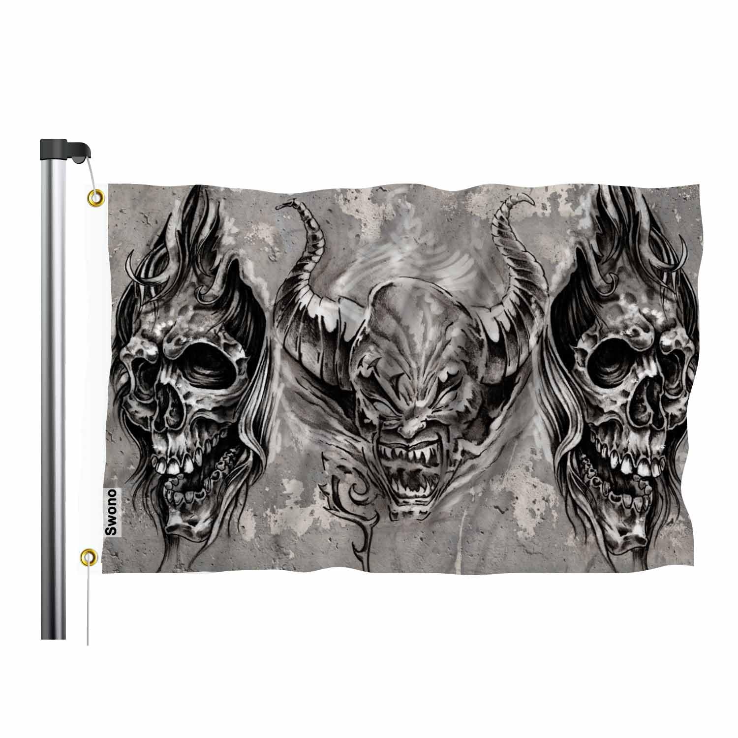 Amazon.com : Swono Skull Head Flag Banner Tattoo Art Demons Scary Evil ...