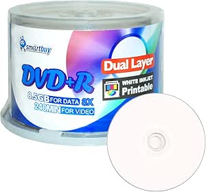 Amazon.com: Smartbuy 50-disc 8.5gb/240min 8X DVD+r Dl Dual Layer Double Layer White Inkjet Hub ...