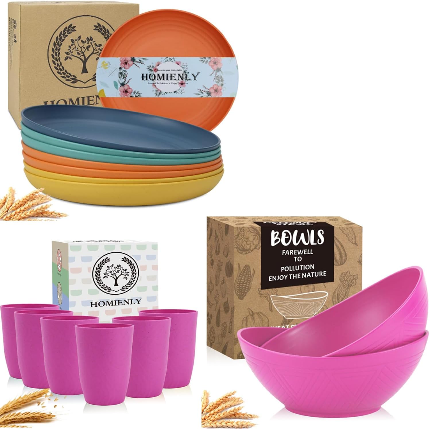 Amazon.com | Homienly Dinnerware Set Plates and Bowls Sets Wheat Straw ...