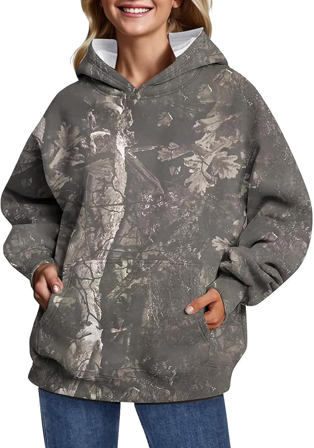 gyujnb Women's Camo Hoodie Maple-Leaf Print Oversized Sweatshirt Fleece ...