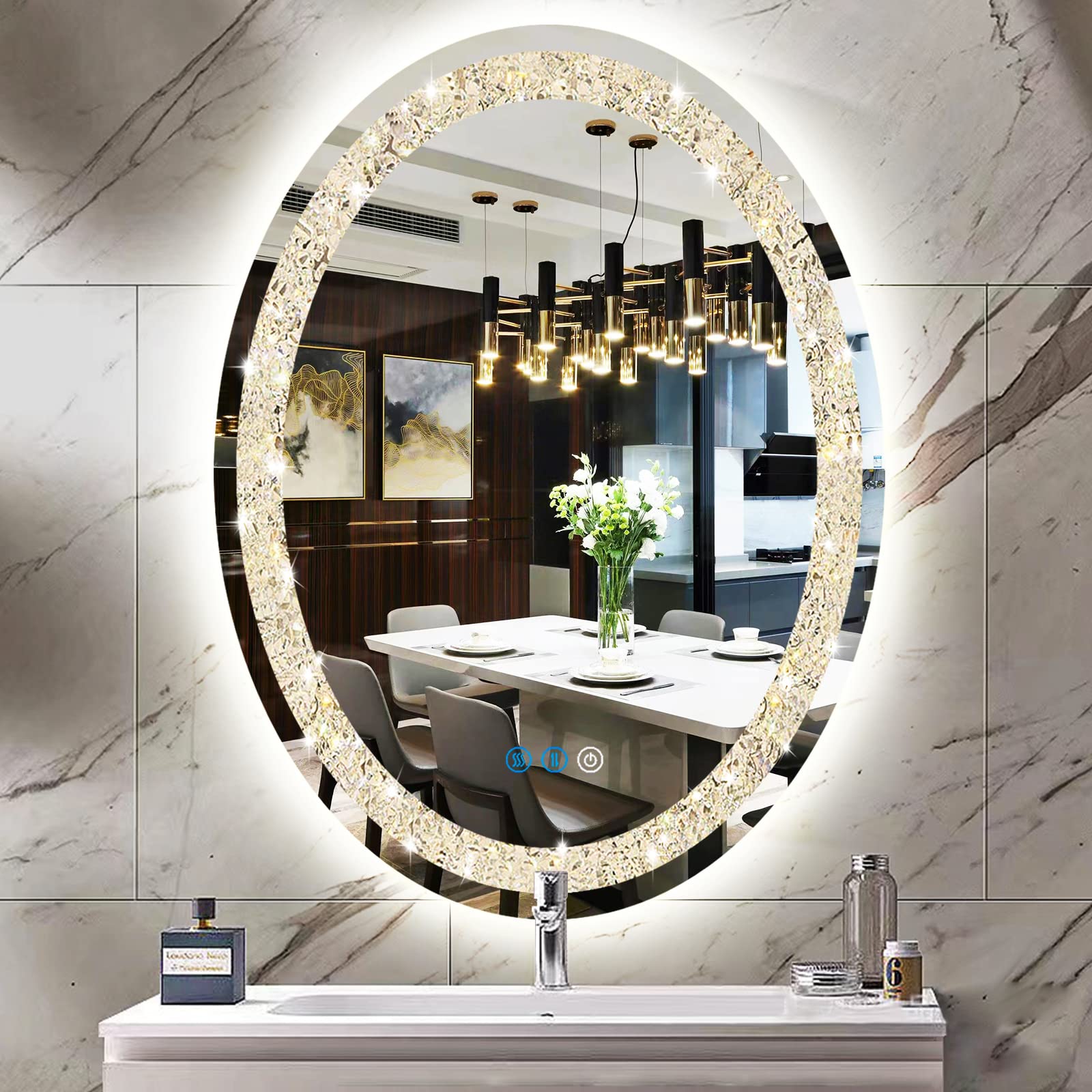 24 x 32 inch Bathroom Crystal Oval Vanity Mirror with Lights 3 Color ...