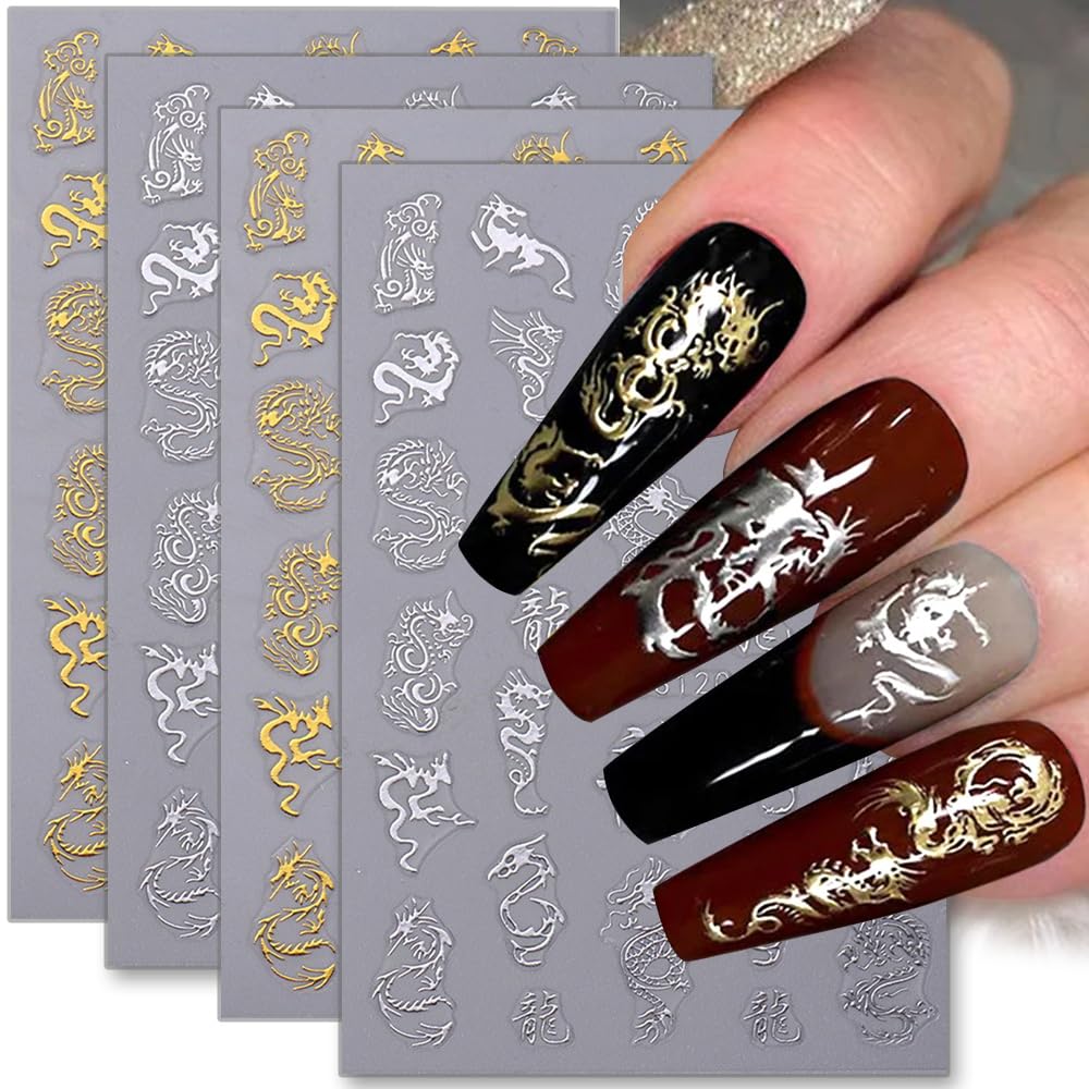 Amazon.com: 3D Gold Silver Dragon Nail Art Stickers for Nail Designs ...