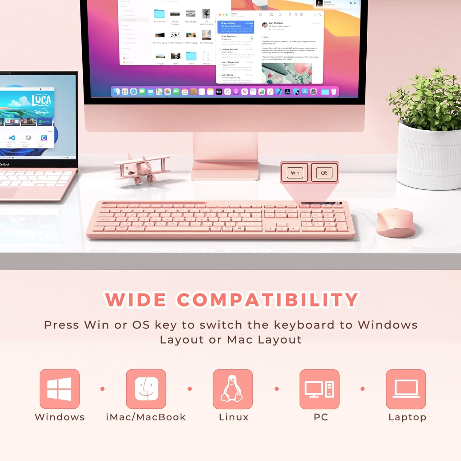 Wireless Keyboard and Mouse for MacBook, Vivefox Pink Rose Wireless ...