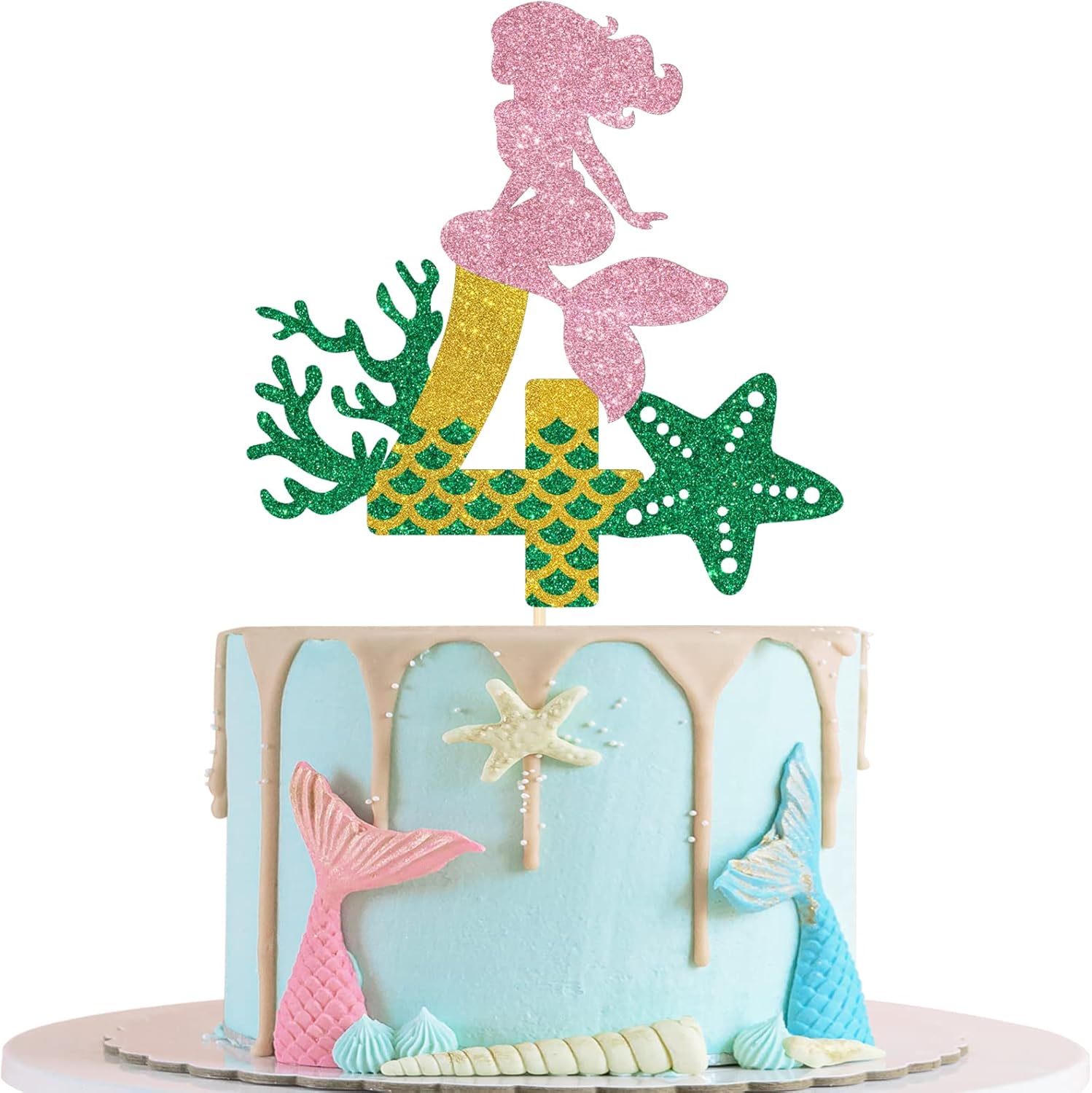 Amazon.com: Mermaid Happy 4th Birthday Cake Topper, Under the Sea ...