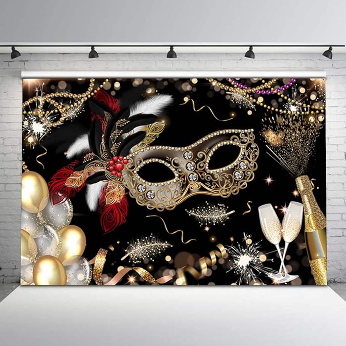 Buy Avezano Masquerade Party Backdrop Gold and Black Mask Balloons ...