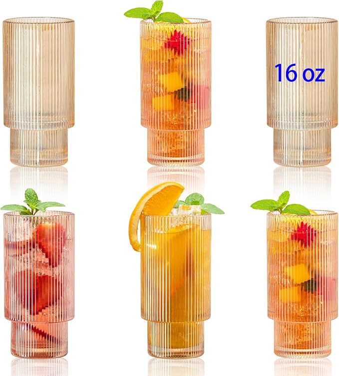 Amazon.com | megarte 6 Pack Large 16Oz Ribbed Drinking Glasses Vintage ...