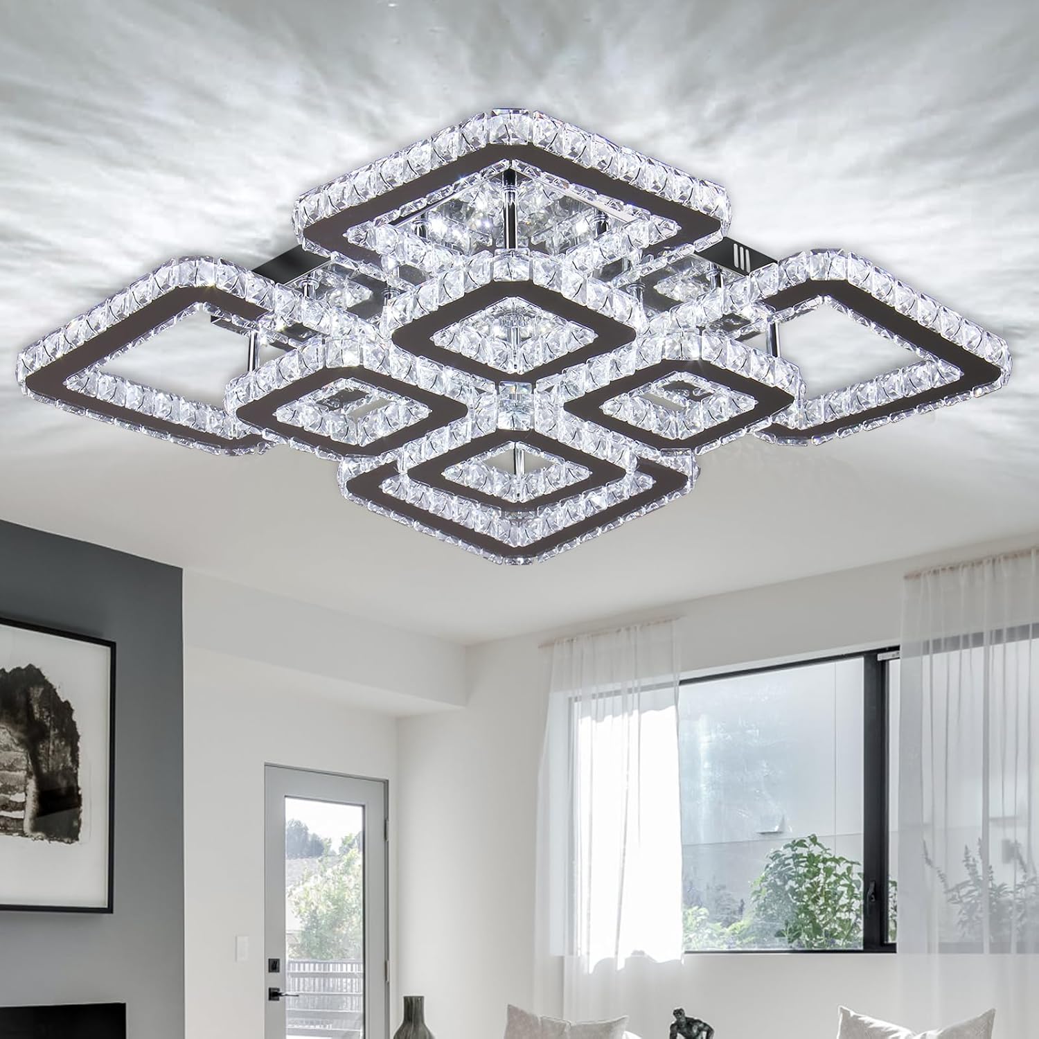 FRIXCHUR 20”Crystal Chandelier Square Led Crystal Flush Mount Ceiling ...