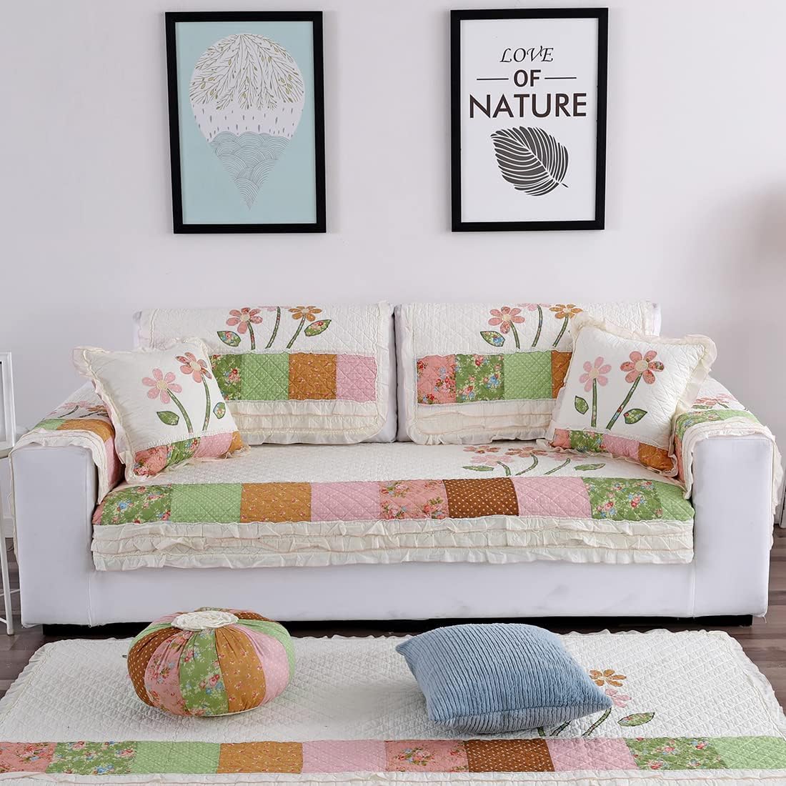Boho Floral Patchwork Sofa Couch Cover with Ruffles Embroidered Cotton ...