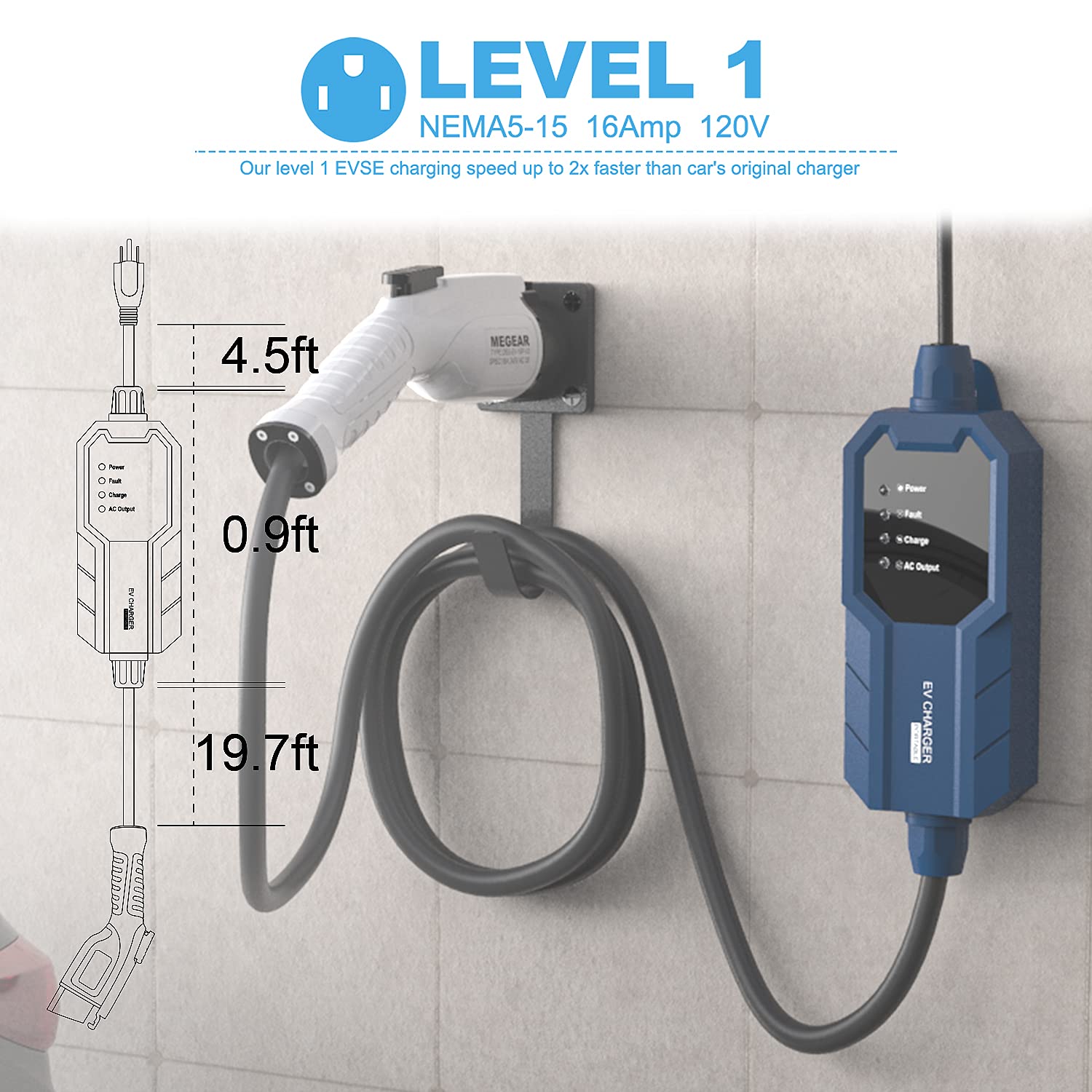 MEGEAR 2021 Gen2 Updated Version Level 1 EV Charger (110V, 16A, 25ft ...