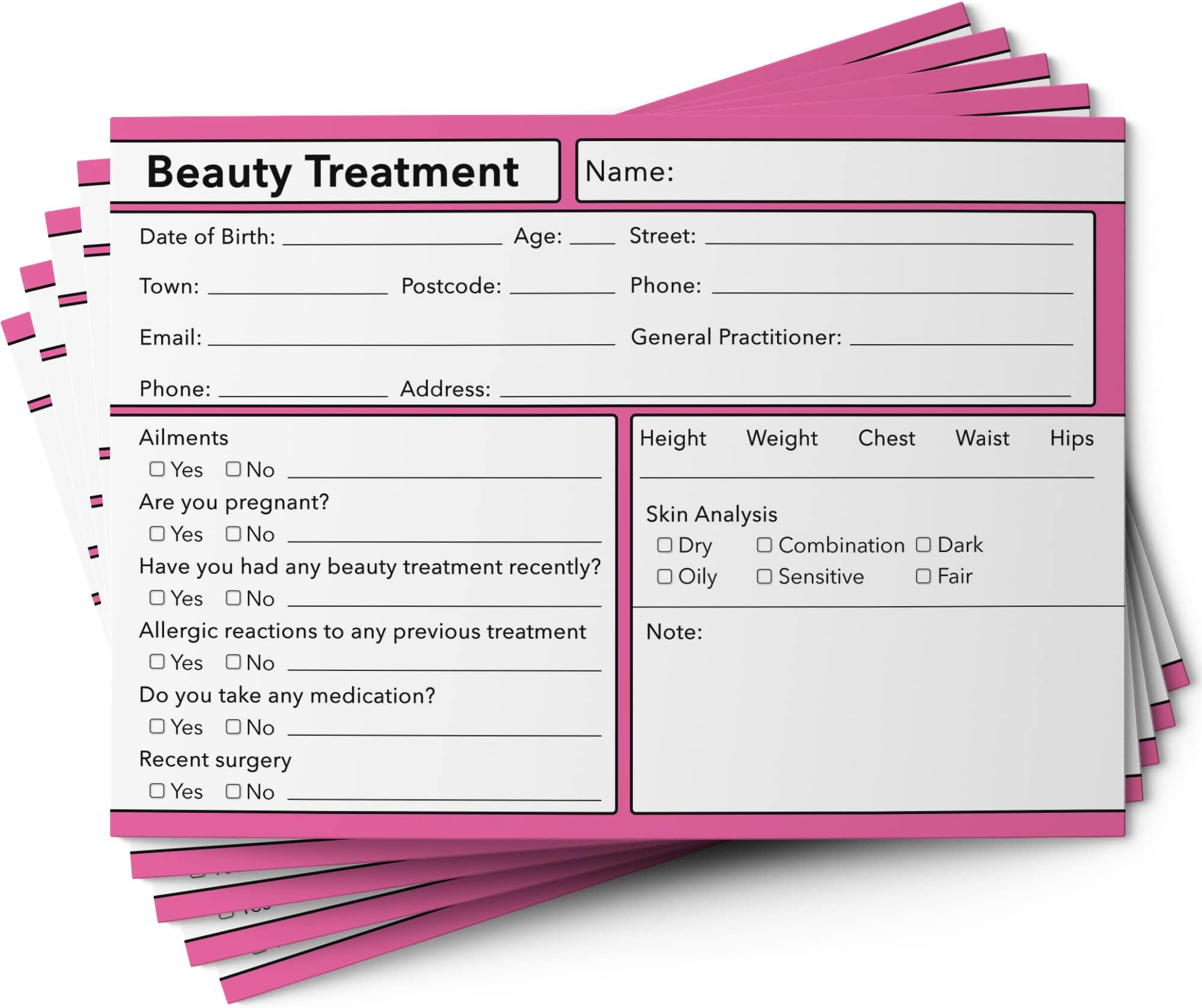Manicure Pedicure Client Record Card - Treatment Consultation Form for ...