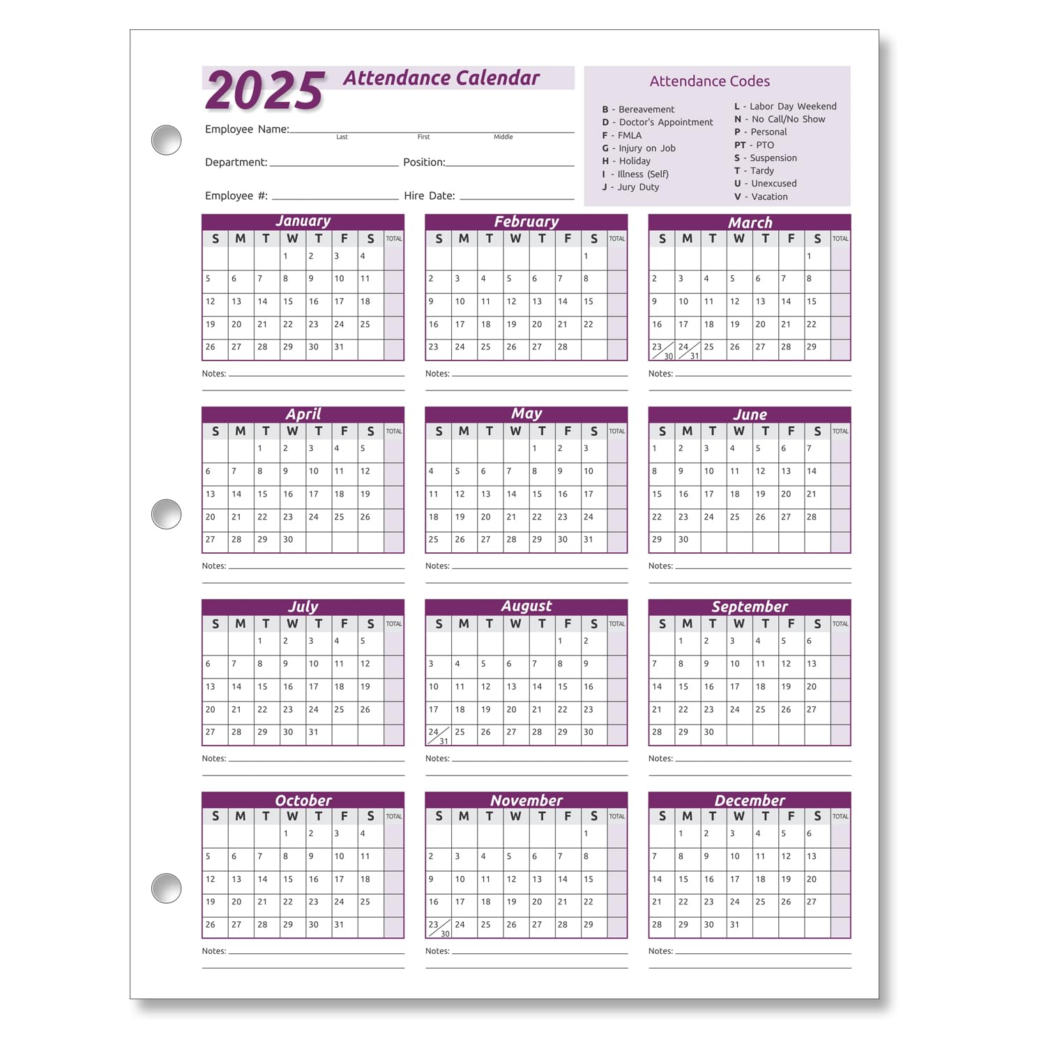 Snapklik.com : 2025 Work Tracker Attendance Calendar Cards- 8 1⁄2 X 11 ...