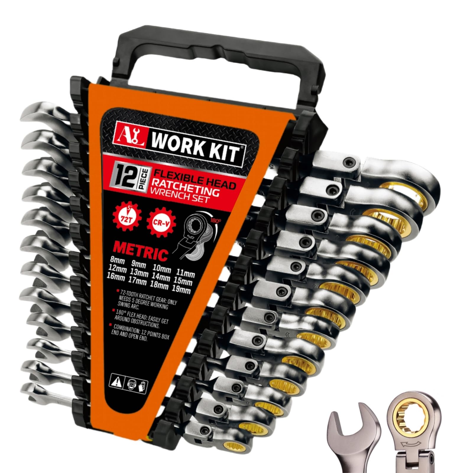 TOHOME 12 Piece Metric Ratcheting Wrench Set, 8mm to 19mm, 72-Teeth ...