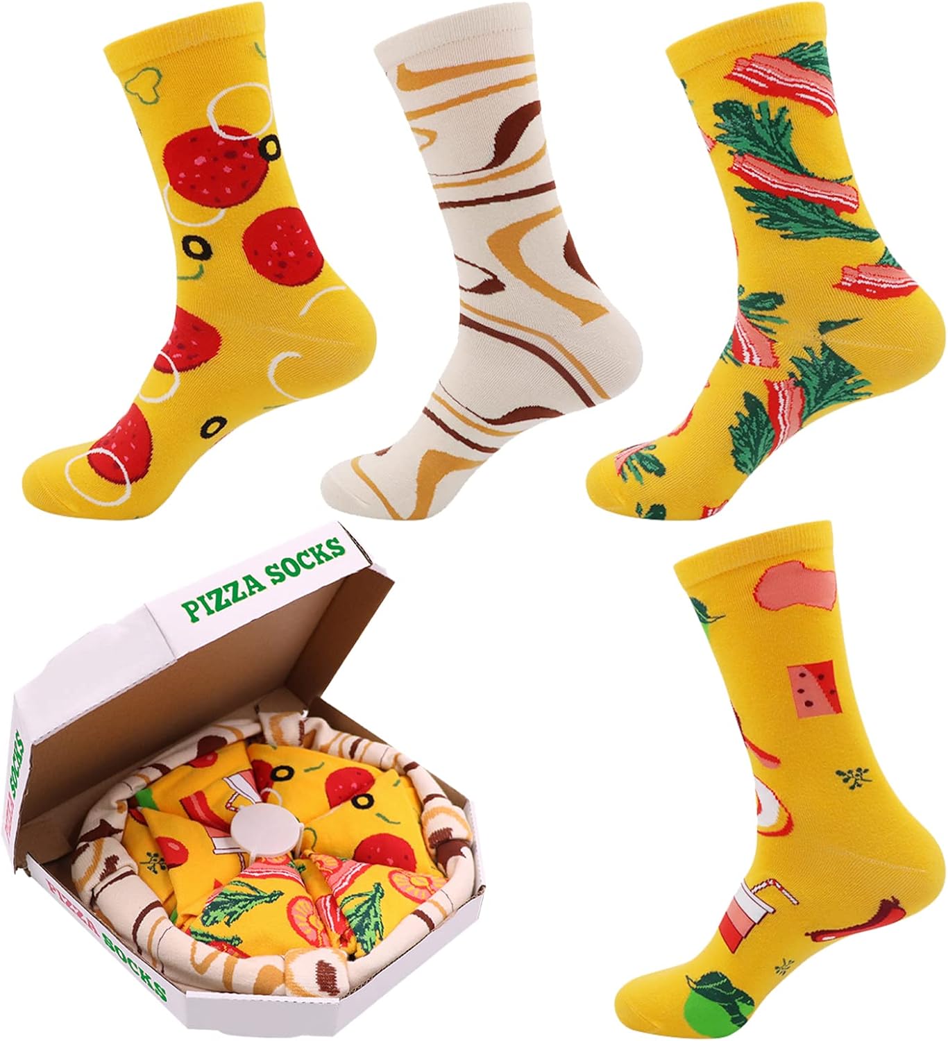 PIZZA SOCKS BOX-4 Pairs Food Socks MIX Hawaii Italian Pepperoni Cotton ...