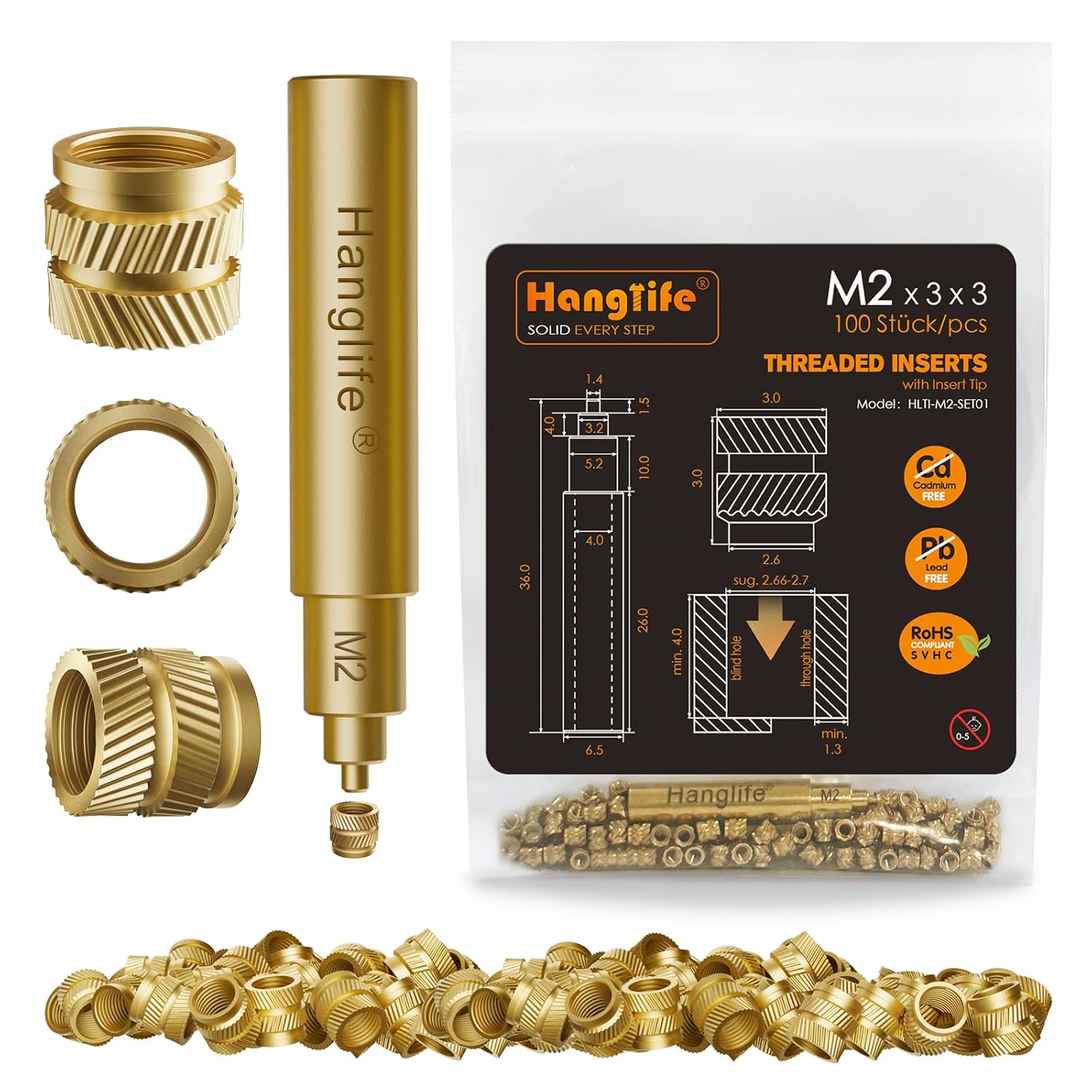 HANGLIFE M2 Heat-Set Threaded Inserts with Insert Tip, Heat Set Insert ...