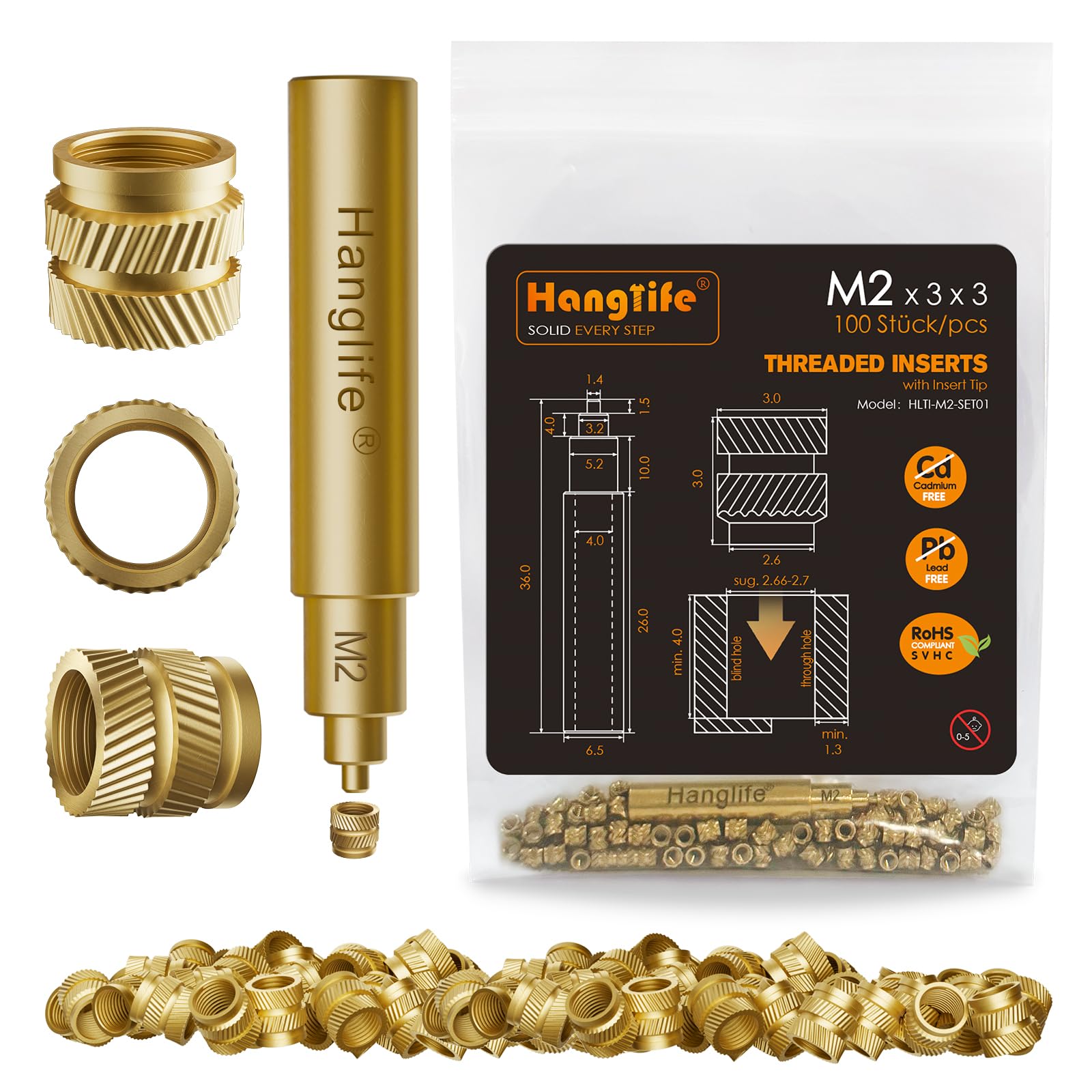 HANGLIFE M2 Heat-Set Threaded Inserts with Insert Tip, Heat Set Insert ...