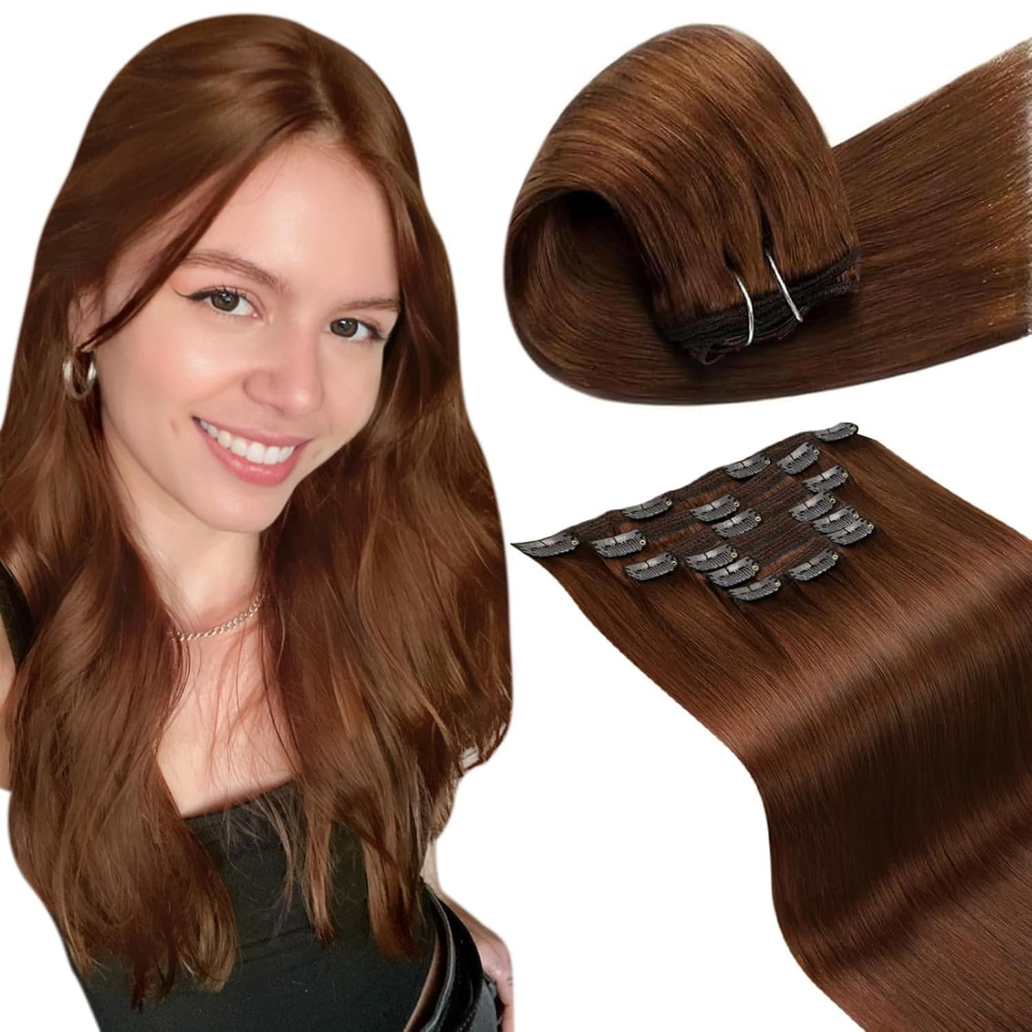 Amazon.com : LaaVoo Clip in Hair Extensions Real Human Hair Auburn ...