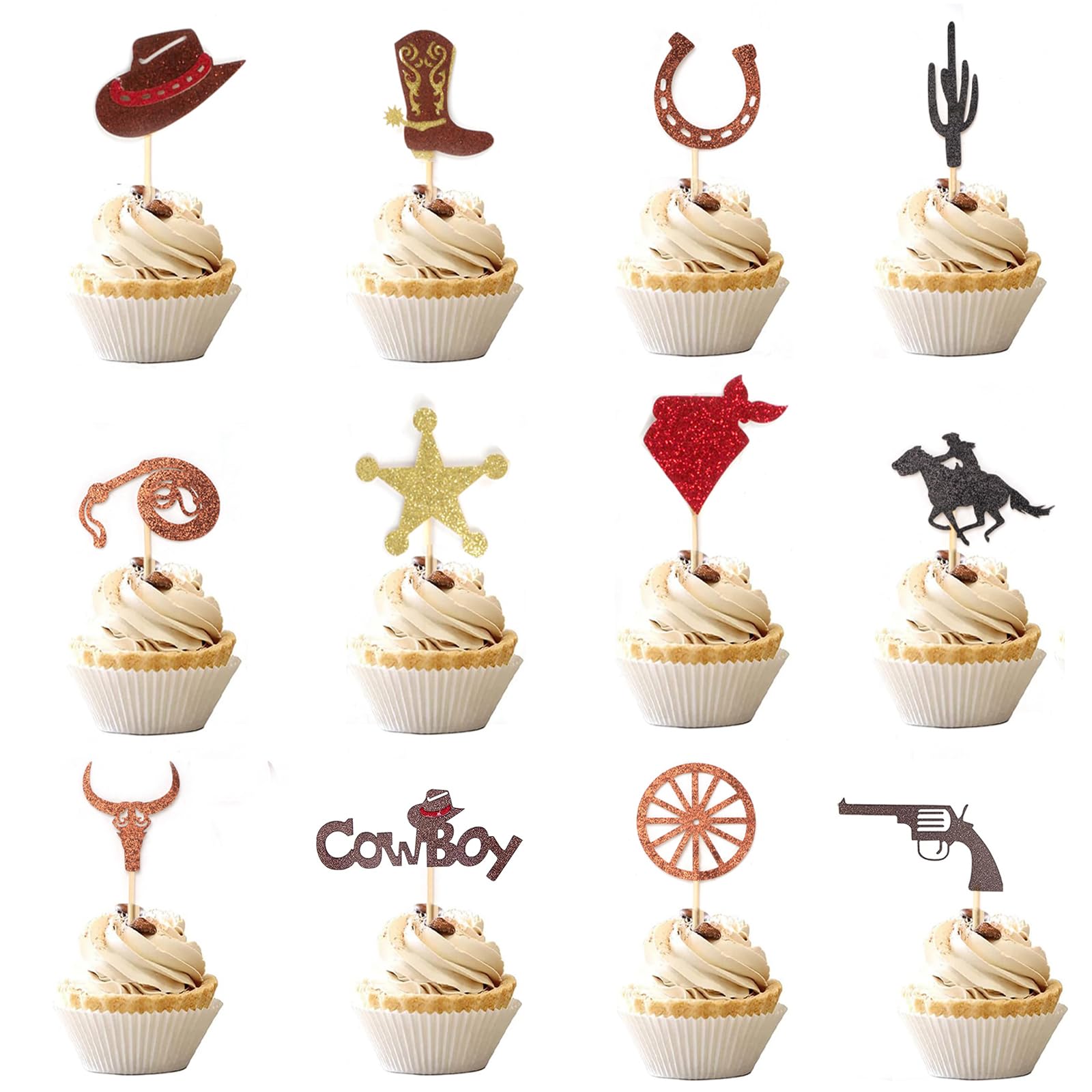 Amazon.com: Biendo 60PCS Cowboy Cupcake Toppers, 12 Shape Glitter ...