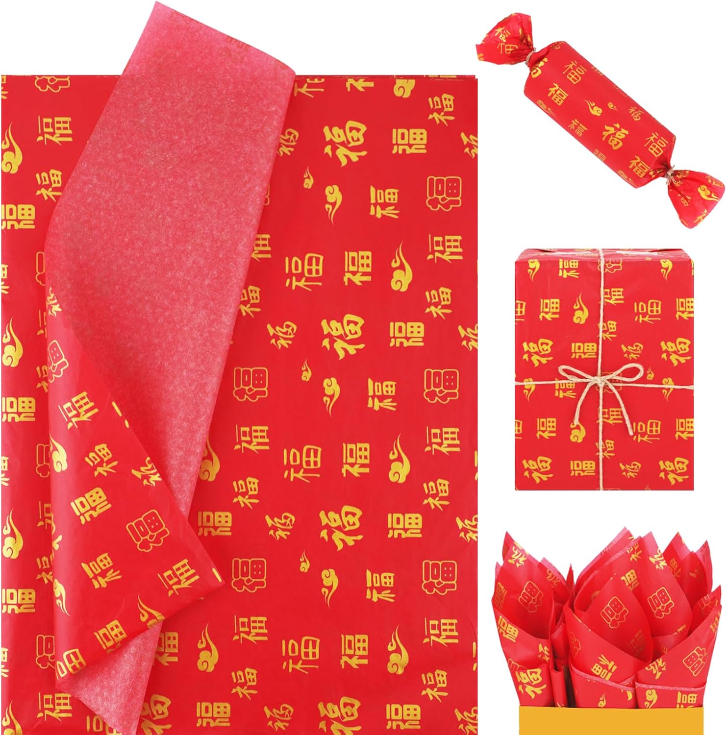 Amazon.com: 100 Sheets Red Gold Chinese FU Tissue Paper Bulk, 20" x 14 ...