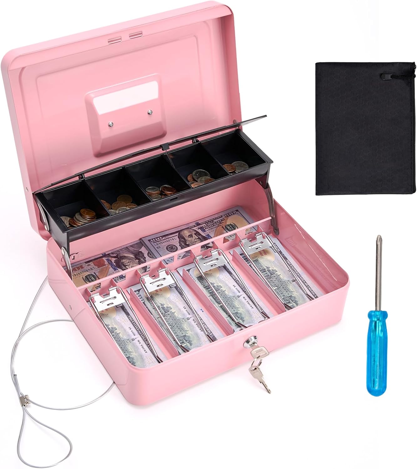 Amazon.com: ZYNKORA Large Cash Box with Security Cable & Coin Tray ...