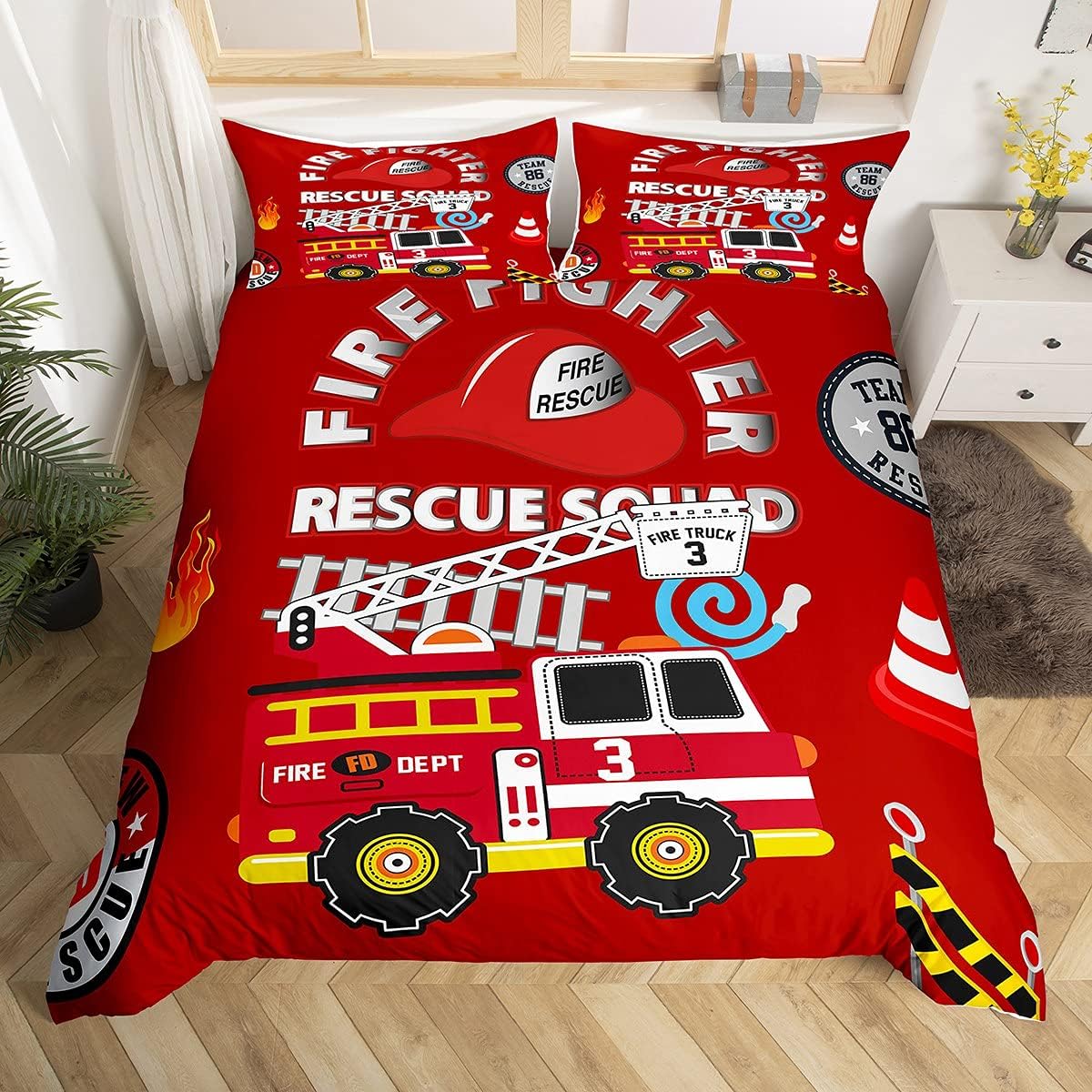 Fire Fighting Truck Duvet Cover Kids Red Fire Engine Bedding Set for ...