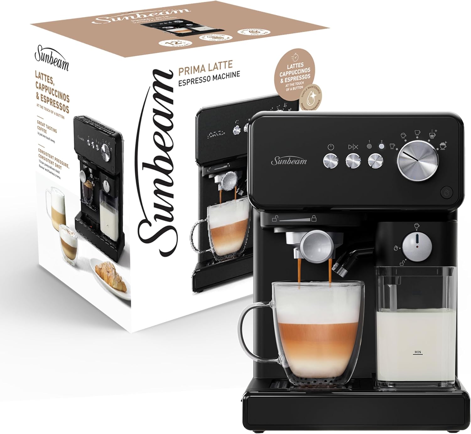 Sunbeam Prima Latte Semi Automatic Coffee Machine | One-Touch Auto Milk ...
