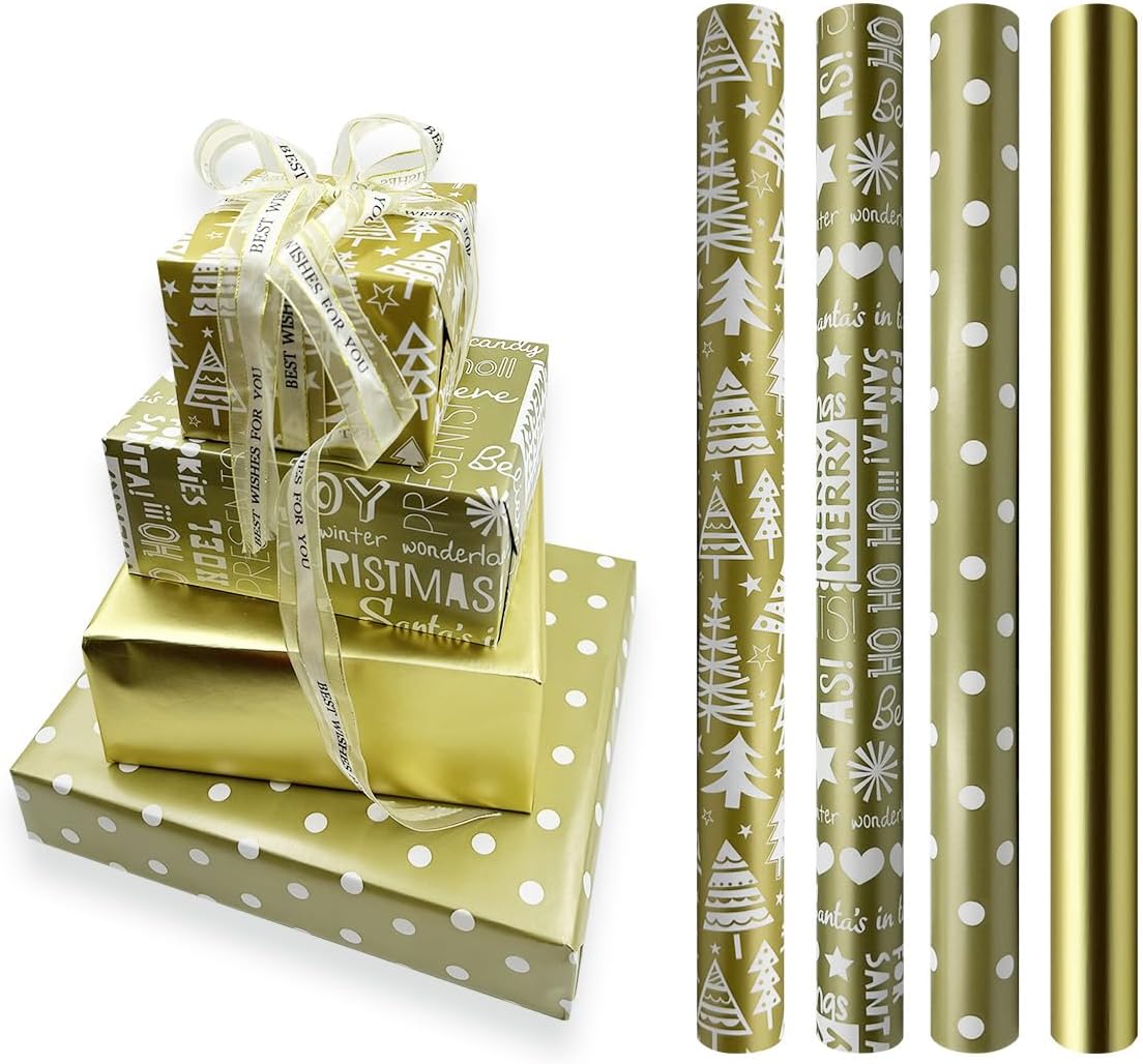 4 Rolls Gold Gift Wrapping Paper, 43cm*3 Meter Christmas Wrapping Paper ...