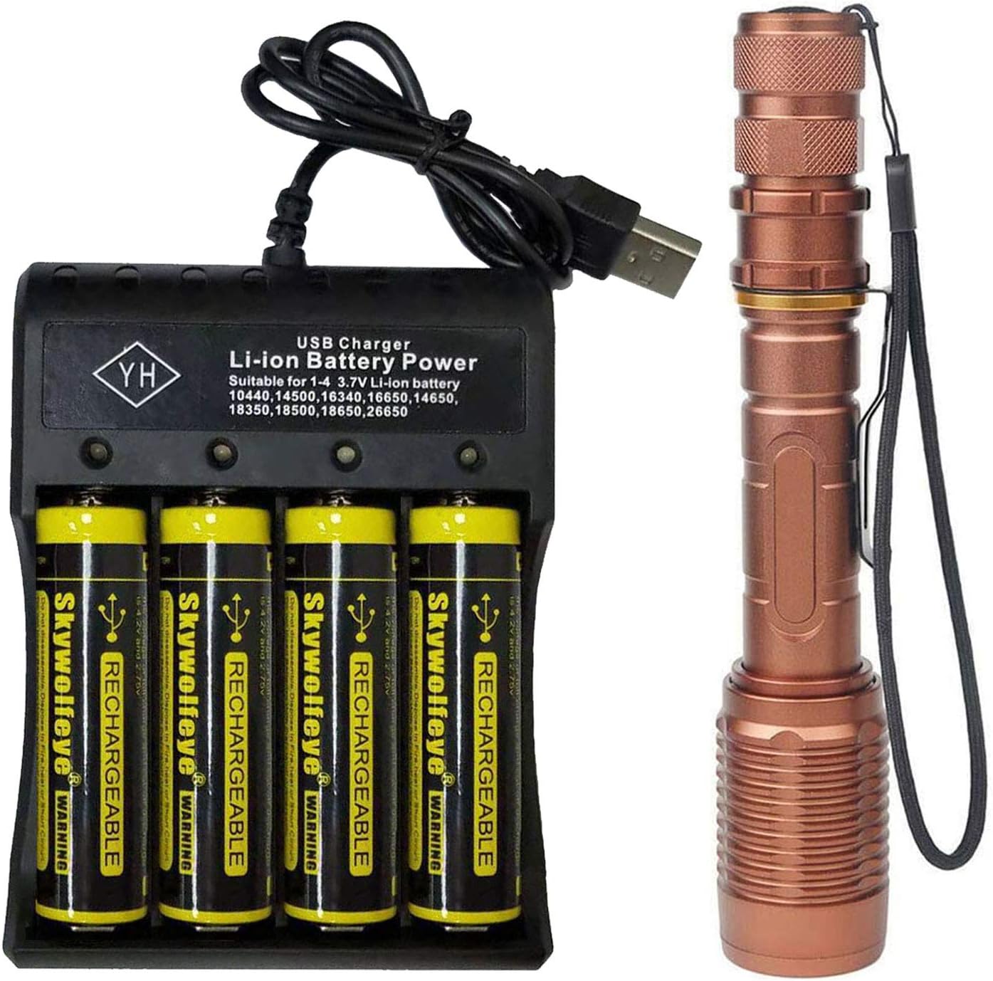 2000 lumen Bright Flashlight, 4-Slot USB Universal Battery Charger with ...