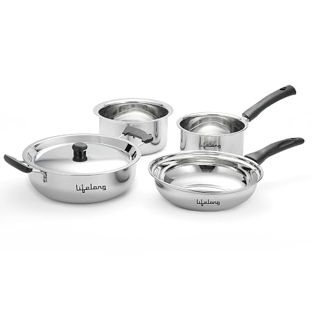 Buy Lifelong 4 Pc Stainless Steel Cookware Set | 2.2L Kadhai with Lid ...