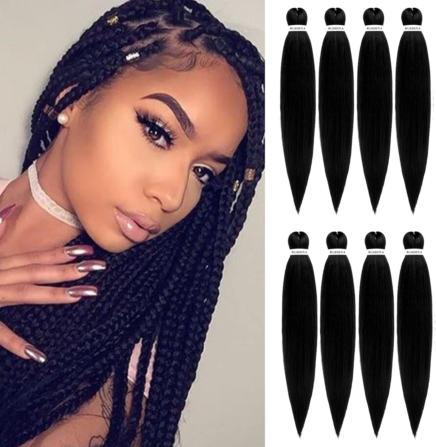 ROSDINA Pre-stretched Braiding Hair - 26 Inch 8 Packs Jet Black Super ...