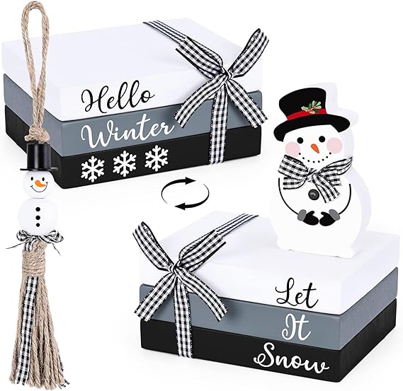Amazon.com: Snowman Wooden Book Stack Decor Set of 5 Christmas Tiered ...