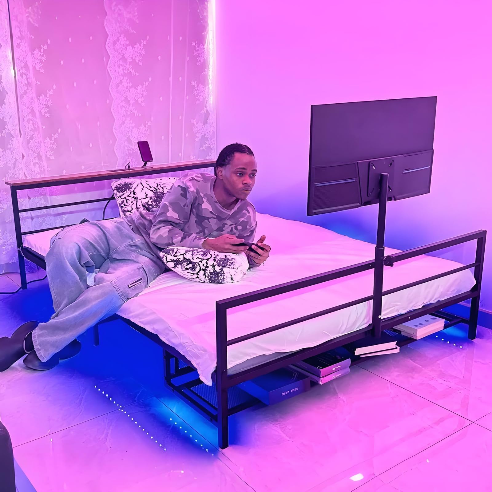 Amazon.com: Metal Gamer Bed with TV Mount, Black Gaming Bed Frame with ...