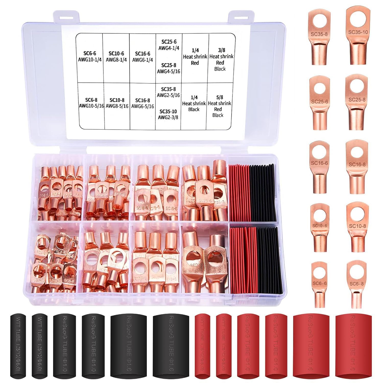 Amazon.com: Uparea 100pcs Copper Wire Lugs Kit-AWG 6,8,10,12 with 50pcs ...