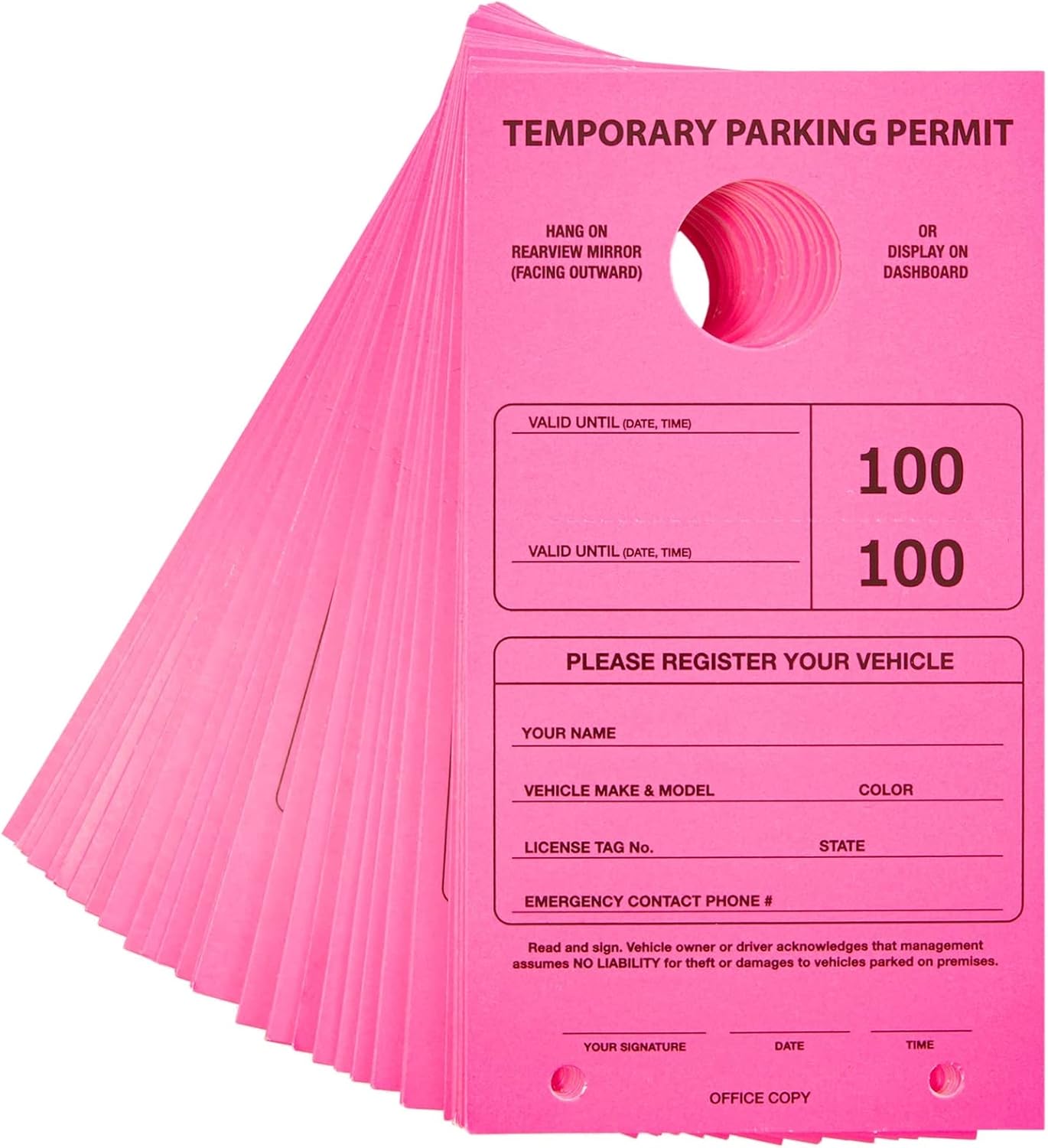 100 Pack Pink Temporary Parking Permit Hang Tags for Car Rear View ...