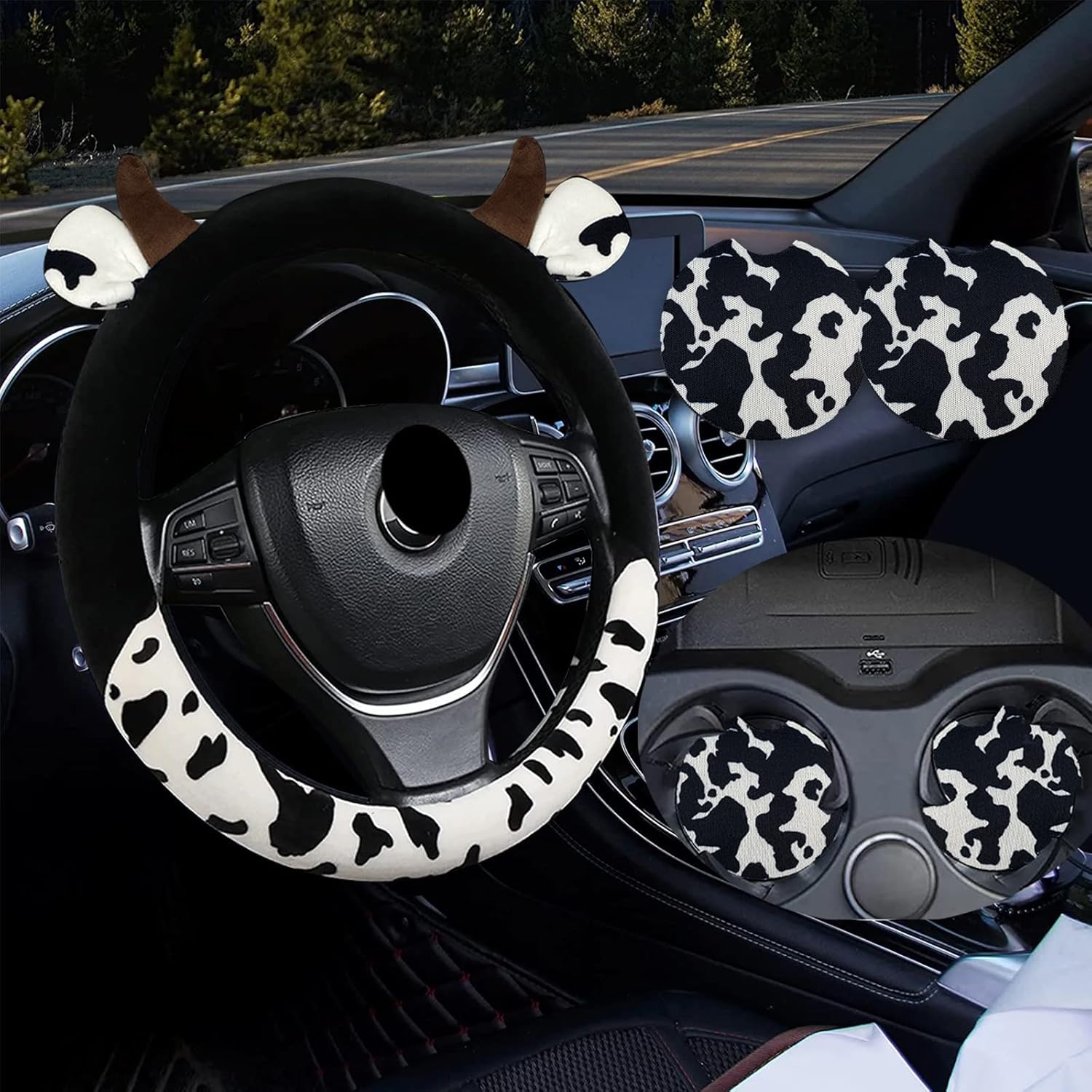 Amazon.com: DTESL Cow Steering Wheel Cover for Women with 2PCS Car ...