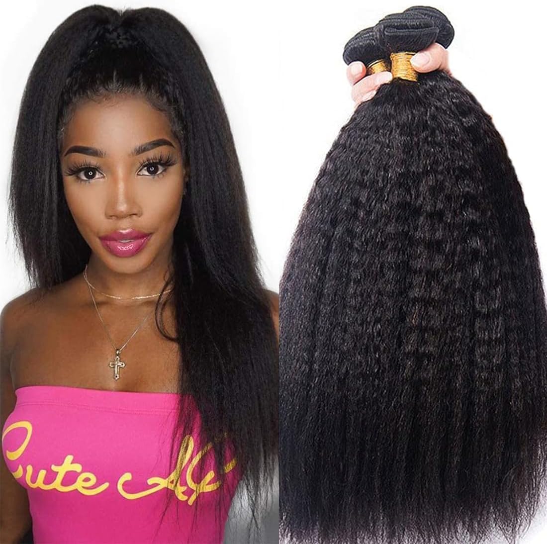 Amazon.com : Kinky Straight Human Hair 3 Bundles With 4x4 Lace Closure Free Part 100% ...