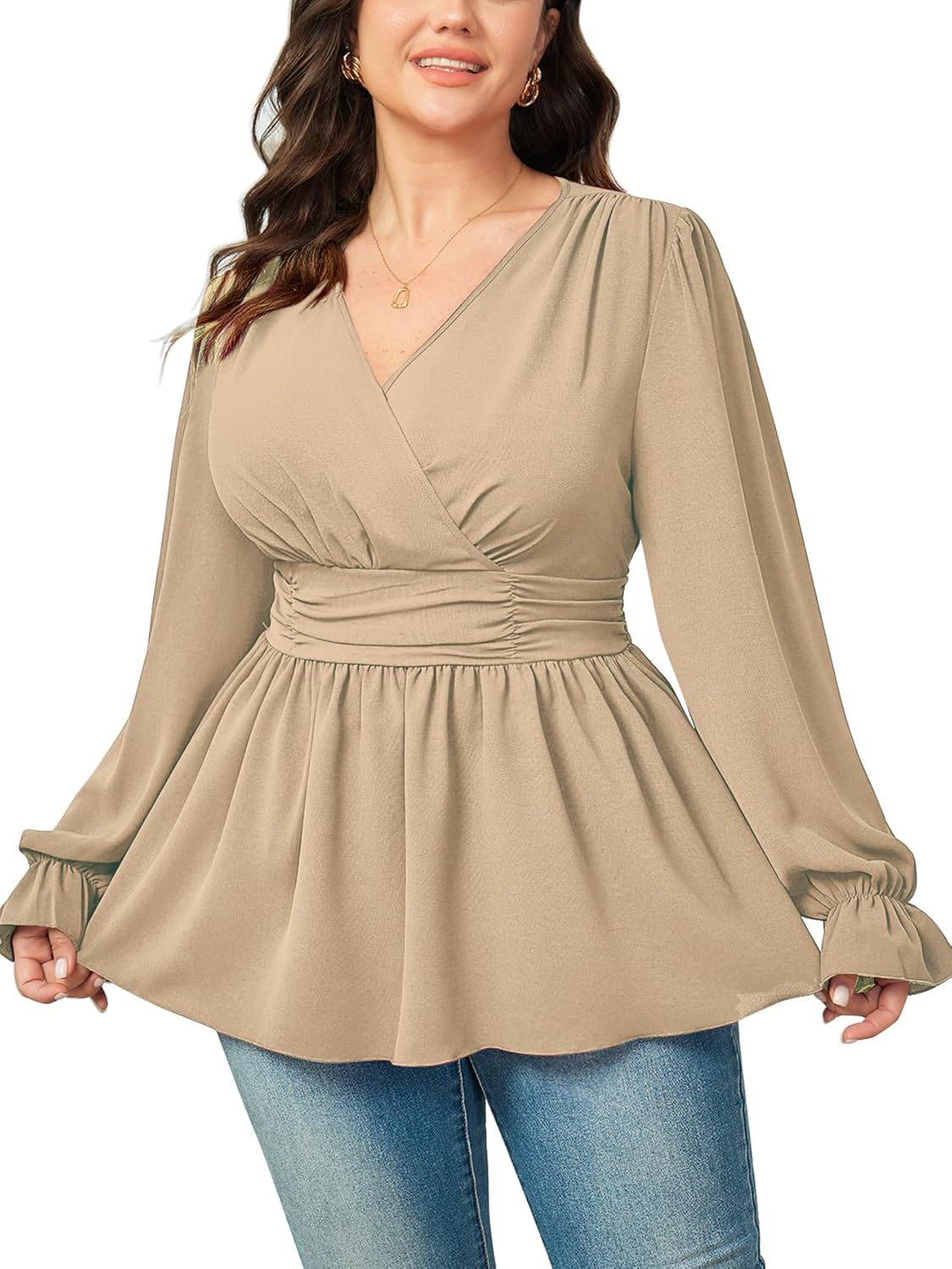 SHESTARR Women's Plus Size Tops Wrap Blouse V Neck Long Sleeve Ruffle ...