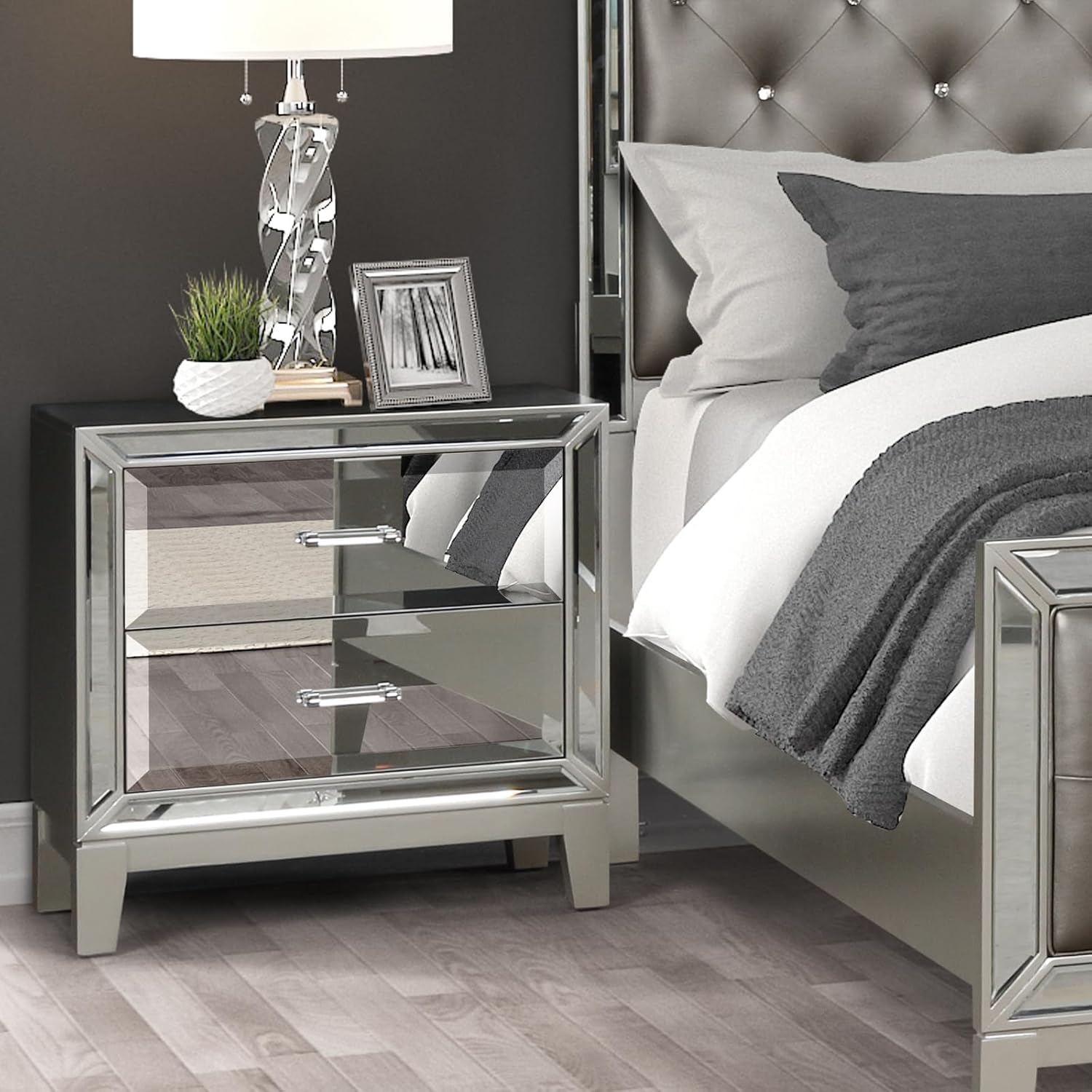Amazon.com: Mirrored Nightstand with 2-Drawers, Silver Night Stand ...