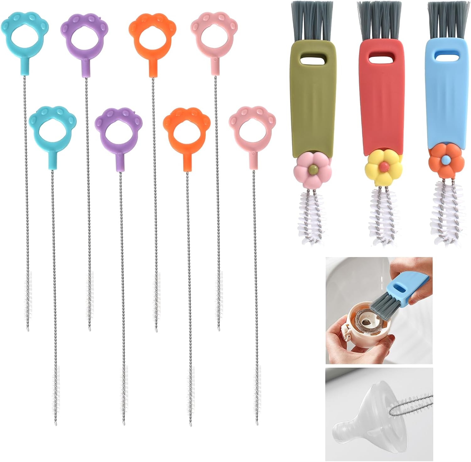 3Pcs 3 in 1 Cup Lid Gap Cleaning Brush Set, with 8 Spoon Straws ...