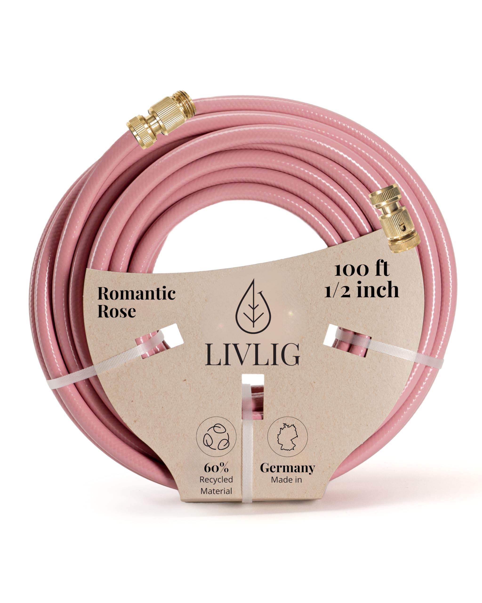 LIVLIG Design Garden Hose 100 ft 1/2 inch, For Any Nozzle, Brass Quick ...