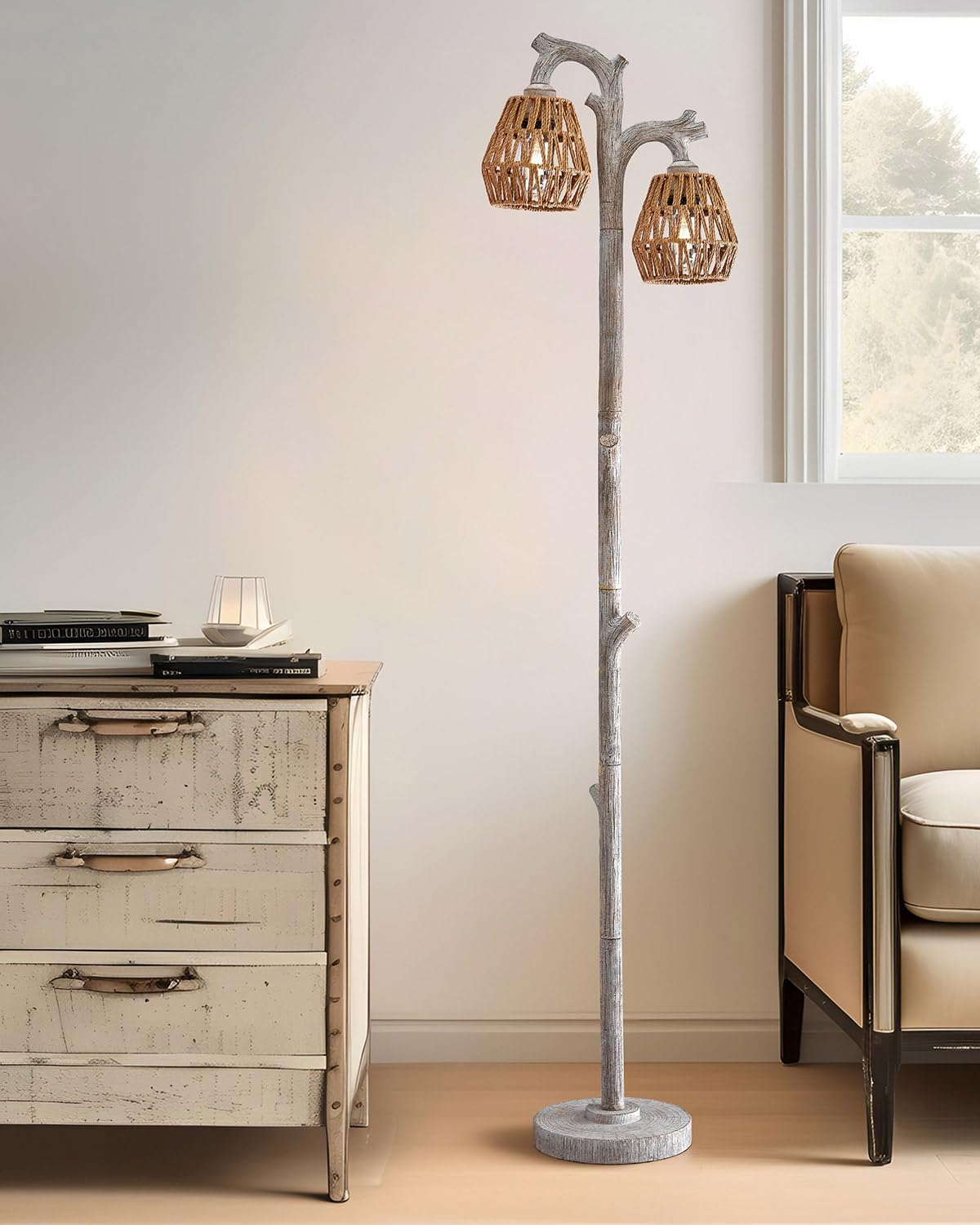 OYEARS Retro Farmhouse Rattan Floor Lamp Boho for Living Room Rustic ...