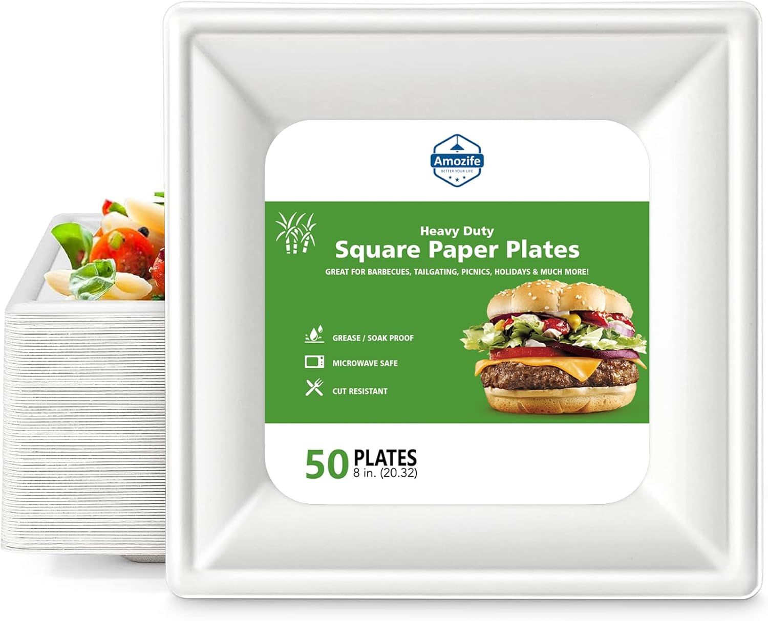 Amazon.com: Amozife 100% Compostable 8 Inch Square Paper Plates, 50 ...
