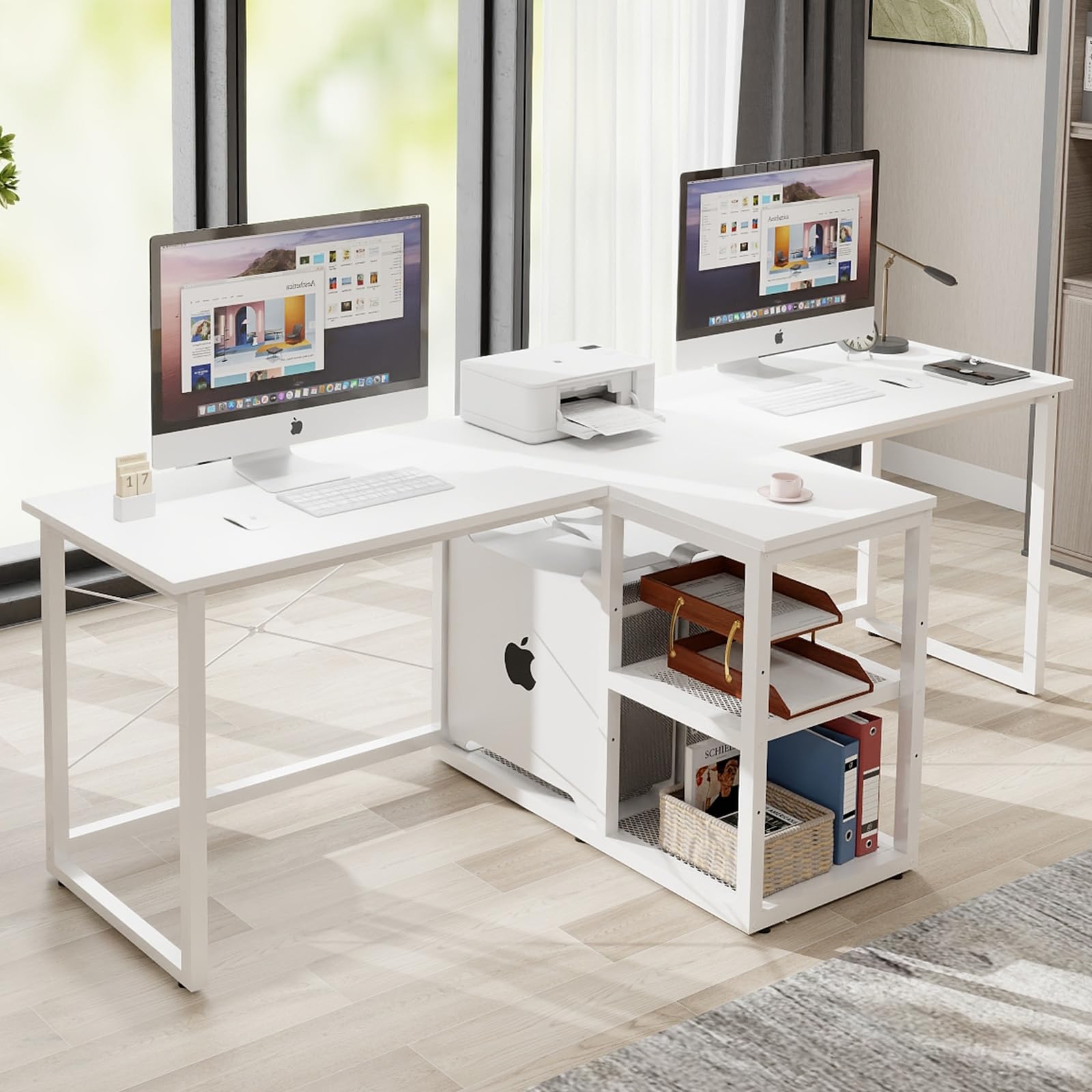 Amazon.com: Natwind Two Person Desk with Storage Shelves, 92.5" Double ...