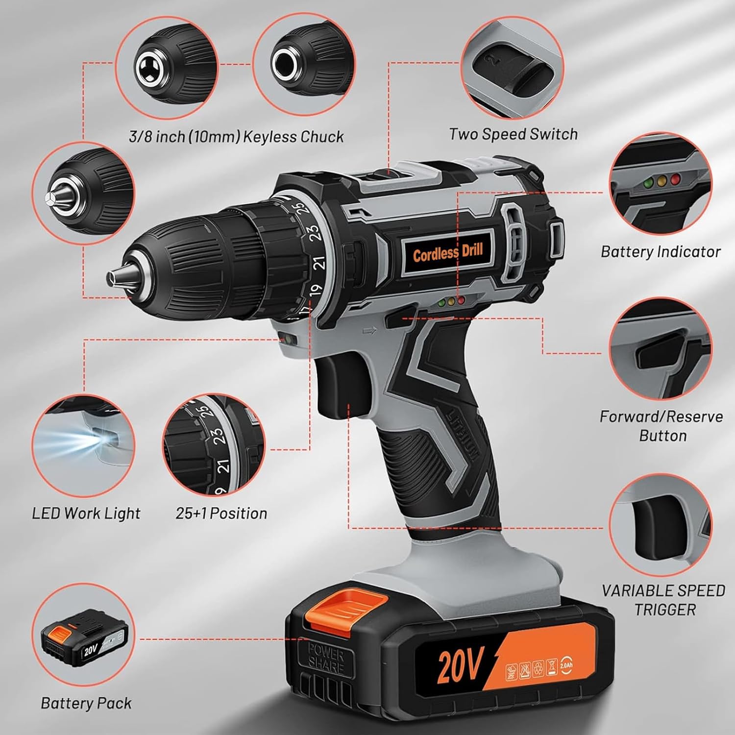Cordless Drill Set 20V, Electric Drill with 42pcs Accessories and ...