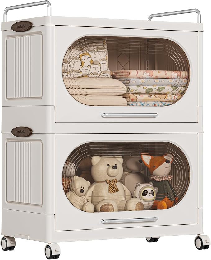 Dripex Storage Box with Lids, 2 Tier Folding Storage box with Doors and ...