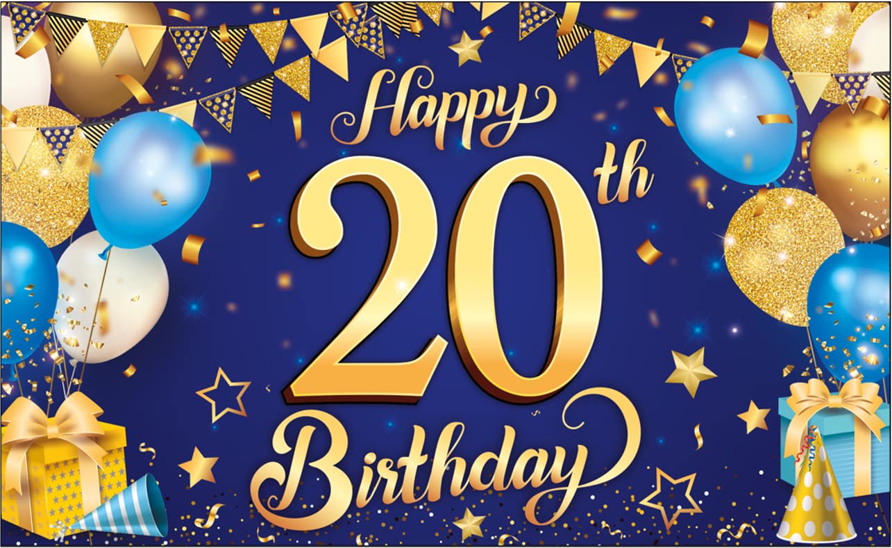 Amazon.com: KatchOn, Blue and Gold Happy 20th Birthday Banner - 72x44 ...