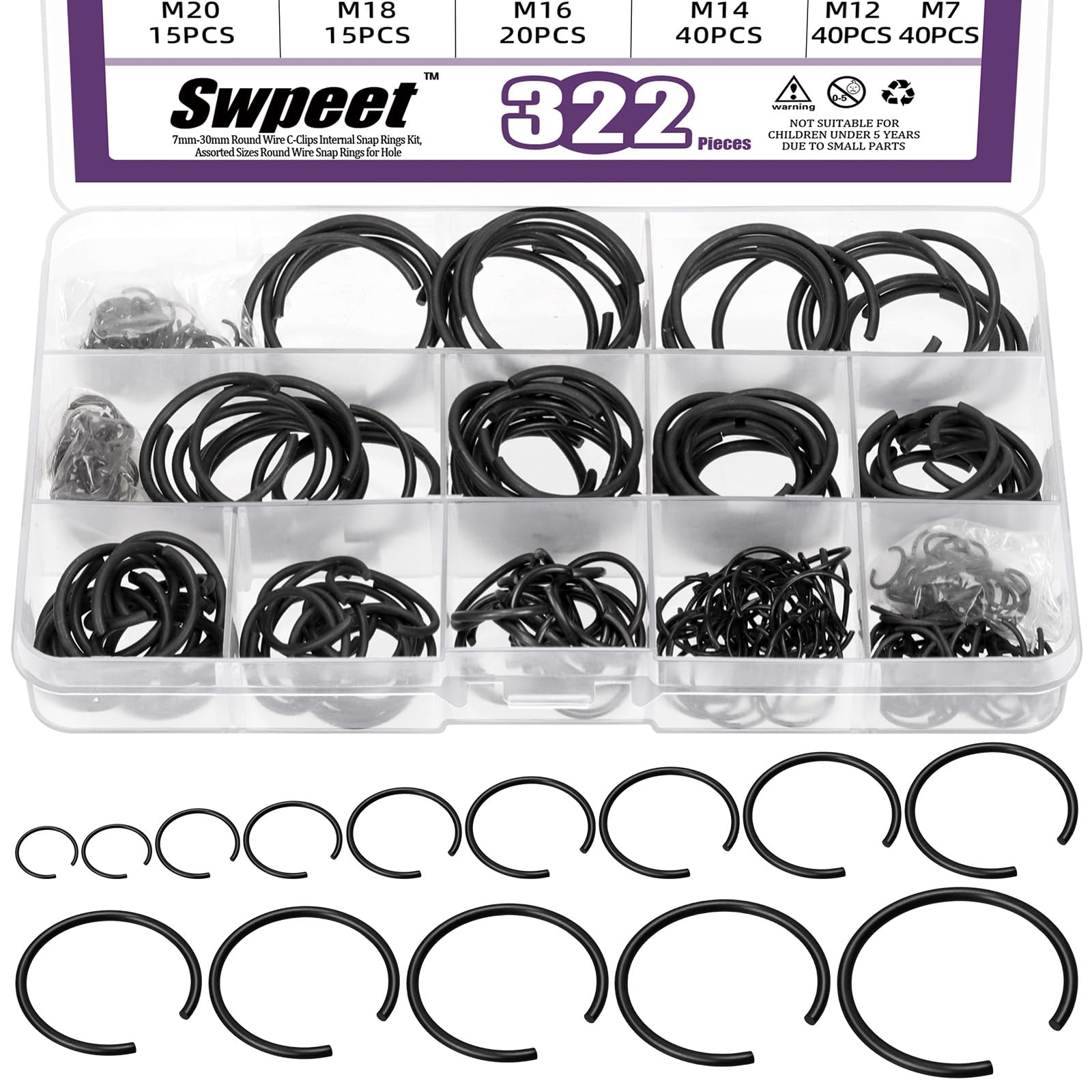 Swpeet 322Pcs 14 Sizes 7mm-30mm Carbon Spring Steel Manganese Steel ...