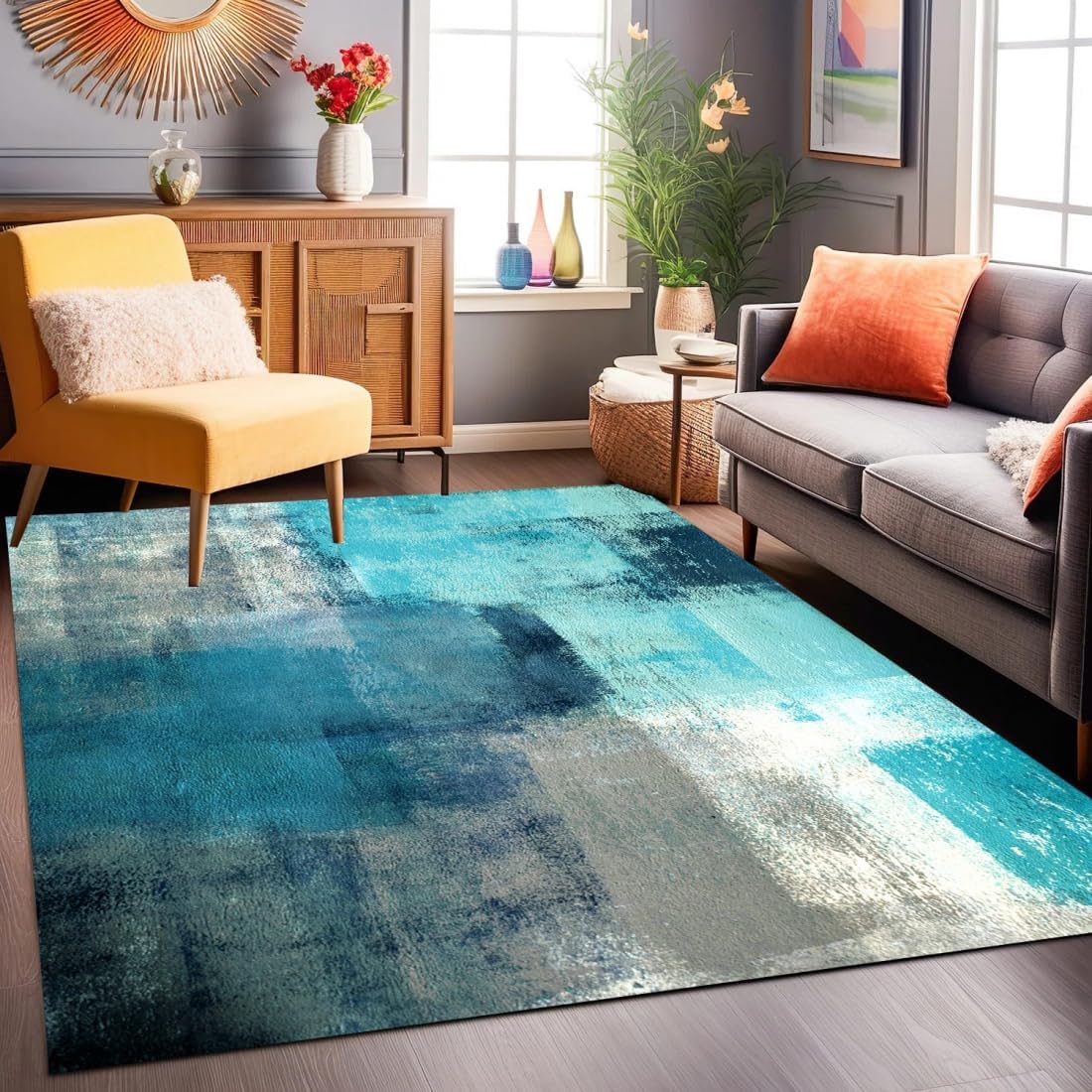 Amazon.com: Ultra Soft Washable Faux Wool Area Rug 5x7 Turquoise Grey ...