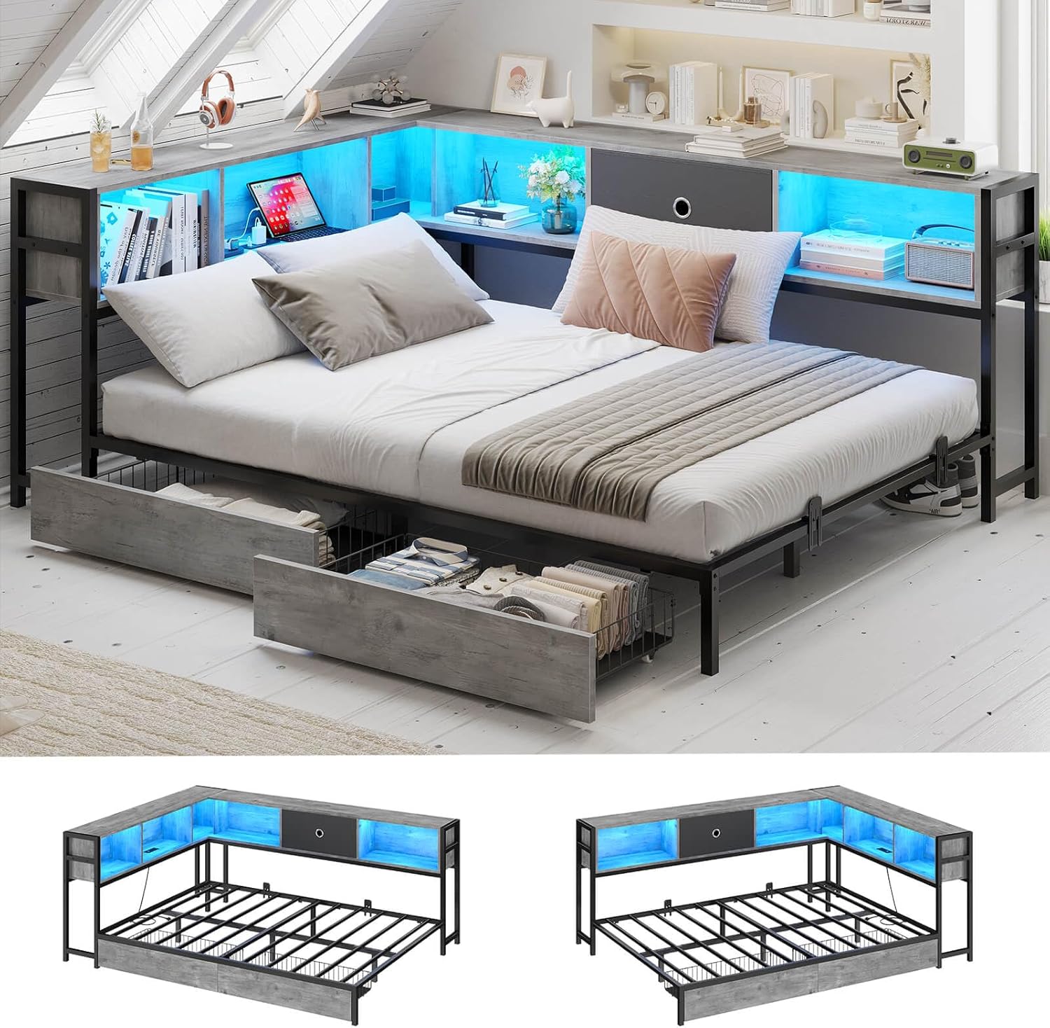 Amazon.com: Hasuit Corner Bed Frame with Storage Bookcase, Full Daybed ...