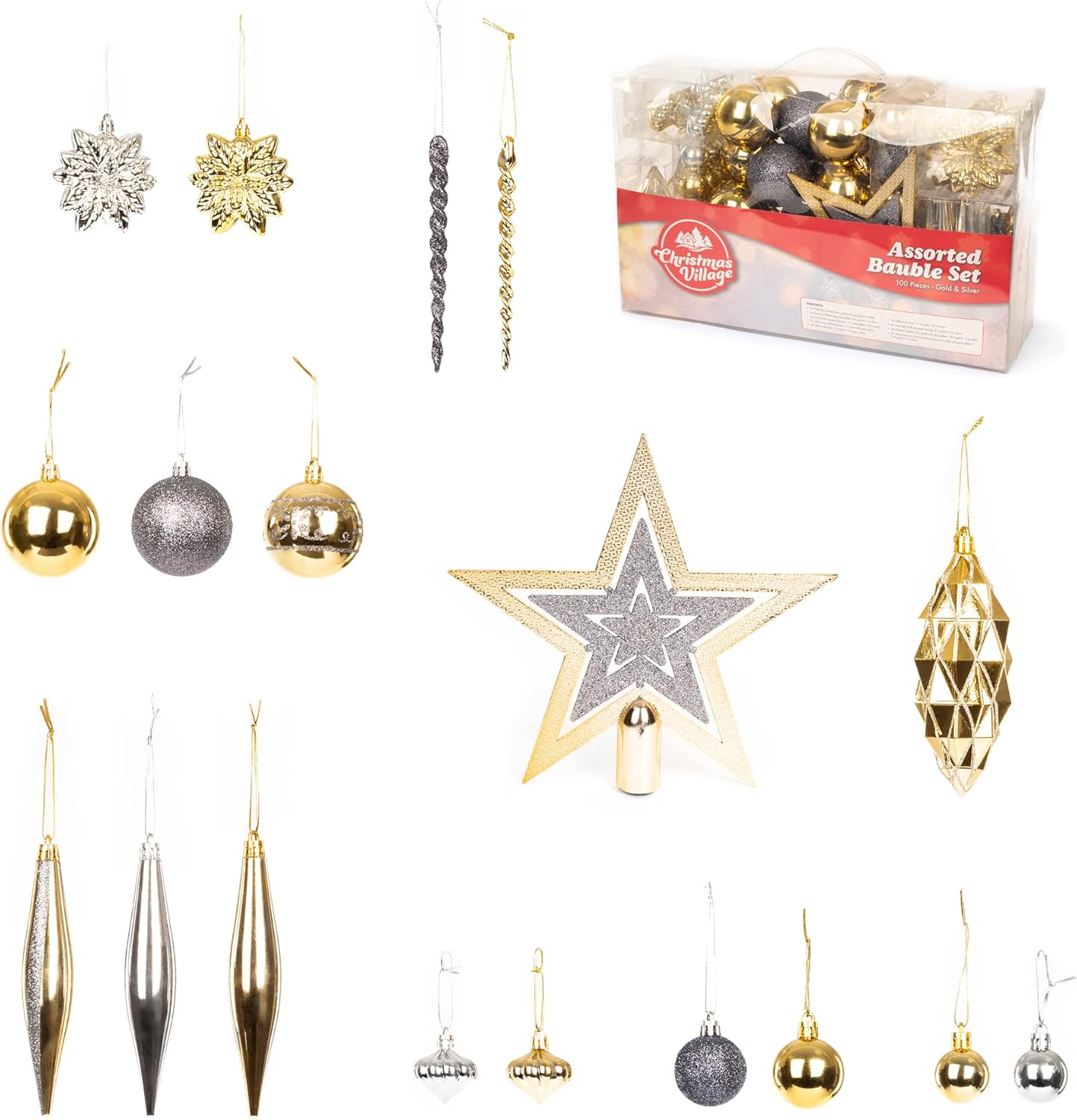 Christmas Village Assorted 100 Pack Christmas Tree Bauble Set – Hanging ...