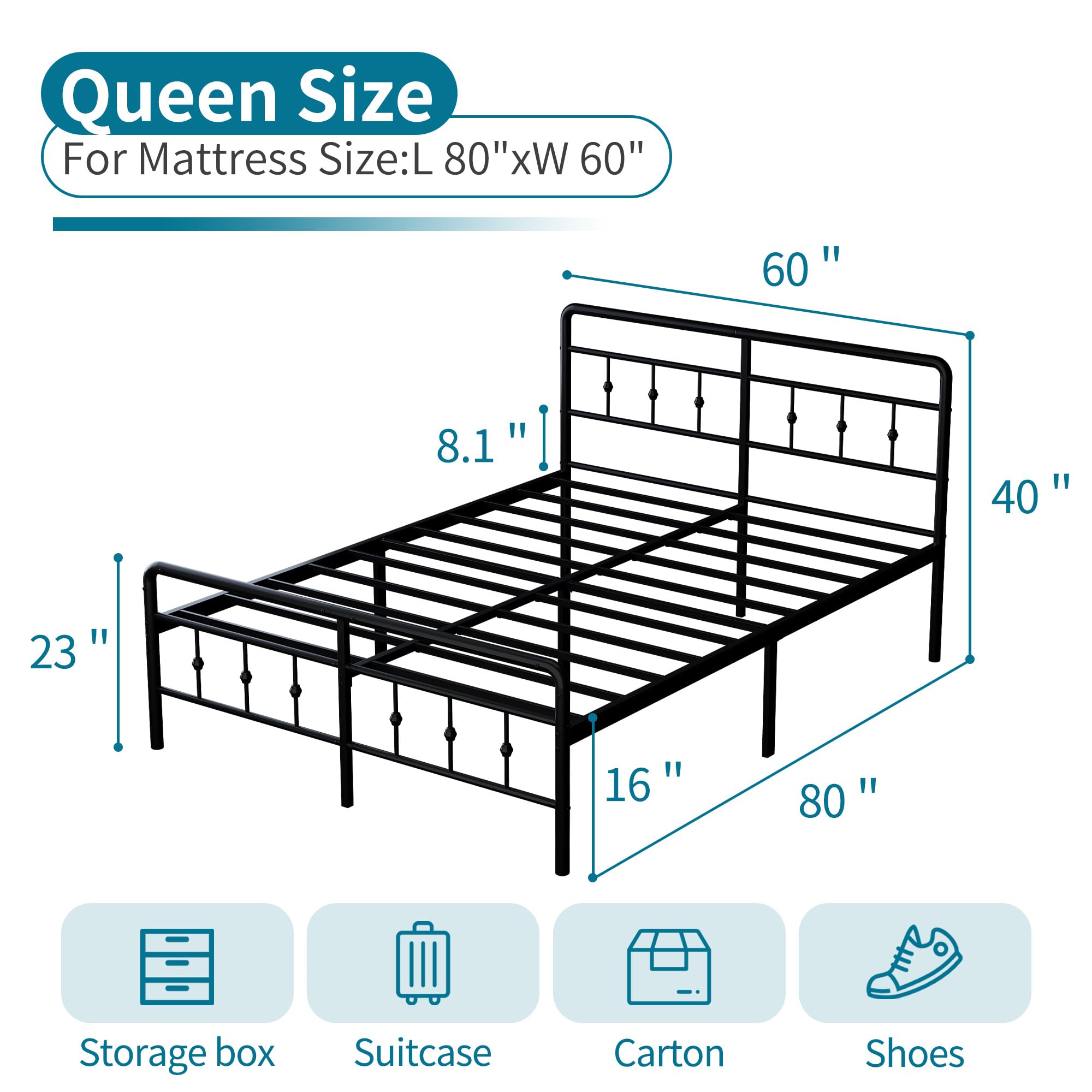EMODA 16 Inch Queen Bed Frame with Round Metal Headboard and Footboard ...